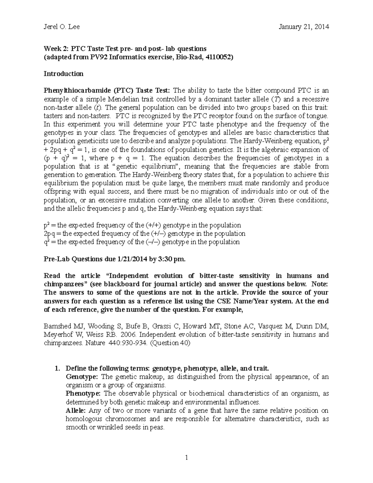 Week 2 Pre and Post PTC Taste Lab Questions - Week 2: PTC Taste Test ...