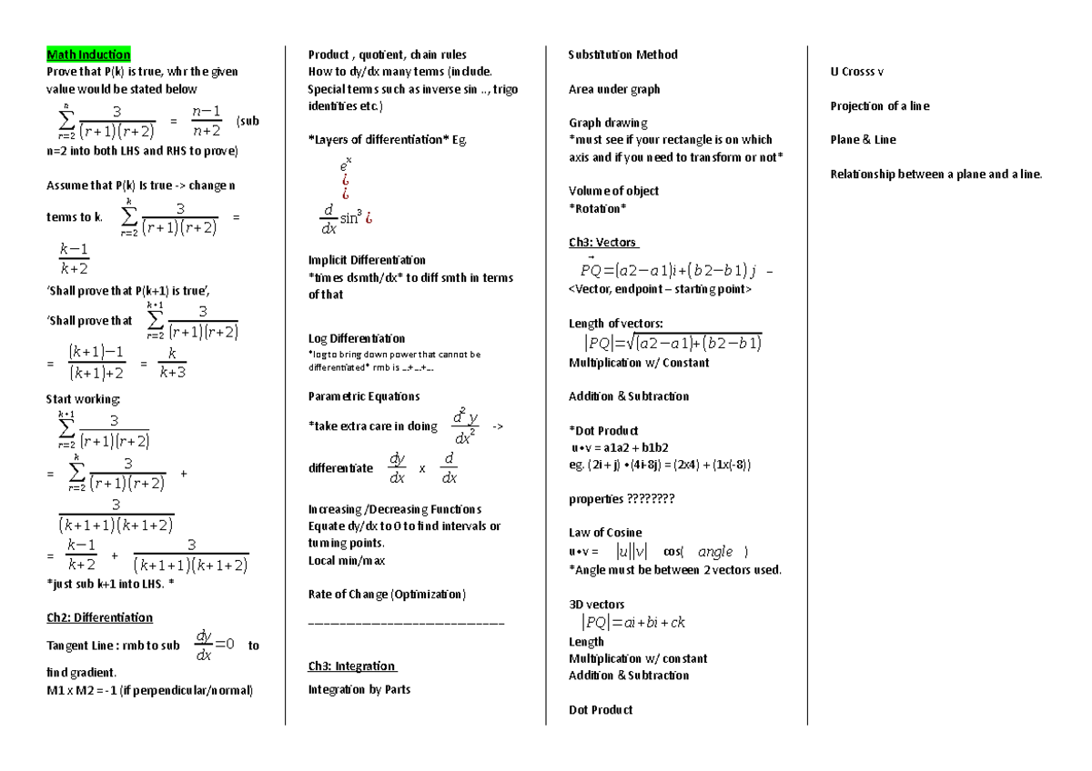 MA1301 Cheat Sheet - Math Induction Prove that P(k) is true, whr the ...