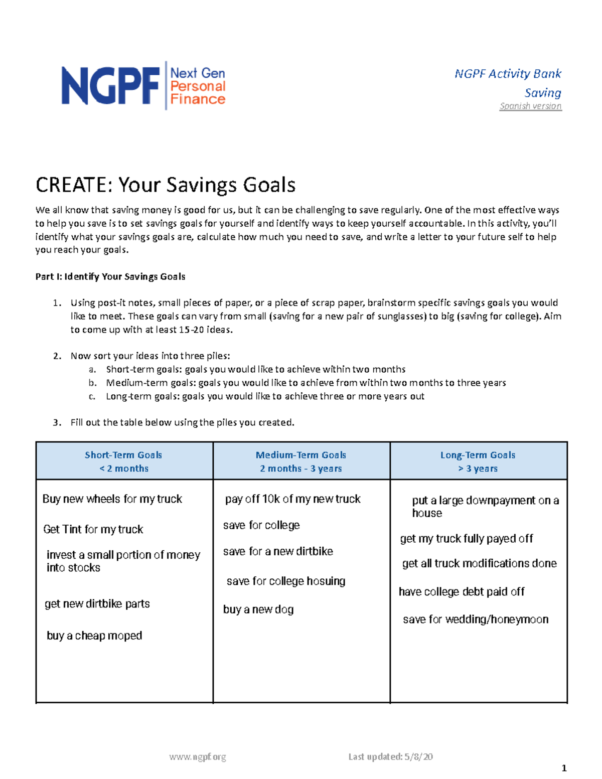 Create Your Savings Goals - NGPF Activity Bank Saving Spanish version ...