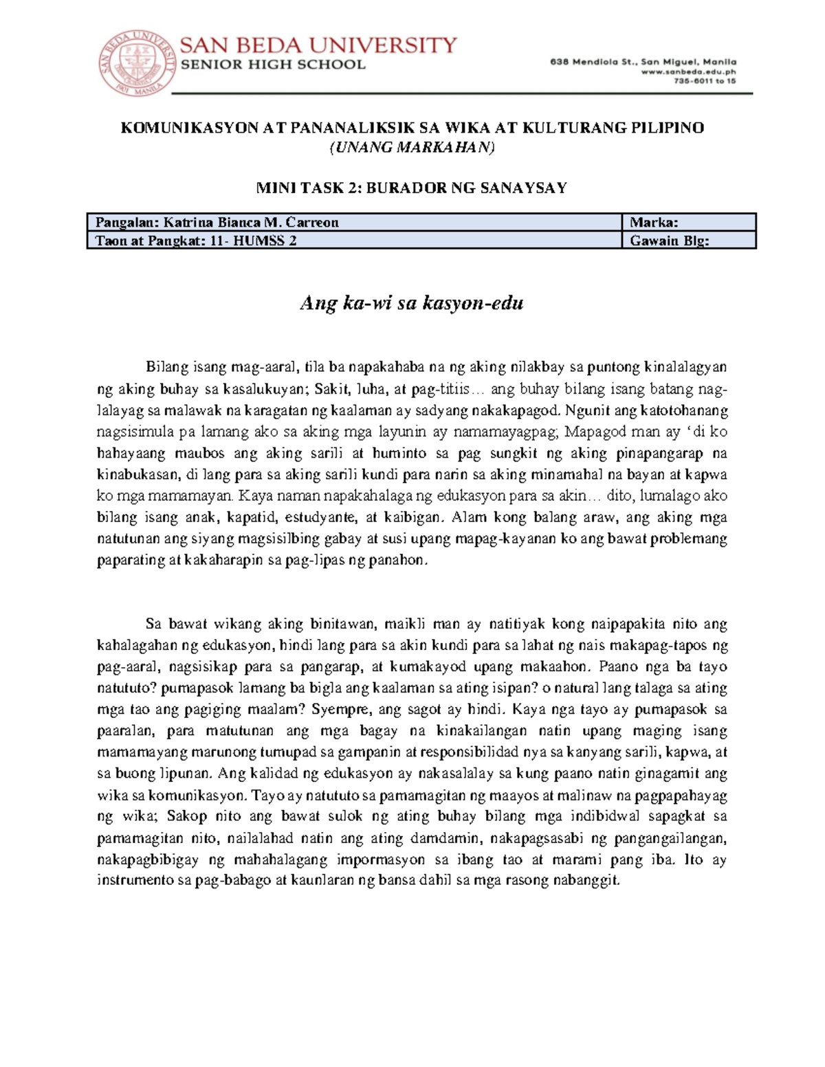 Burador ng Sanaysay - KOMUNIKASYON AT PANANALIKSIK SA WIKA AT KULTURANG ...