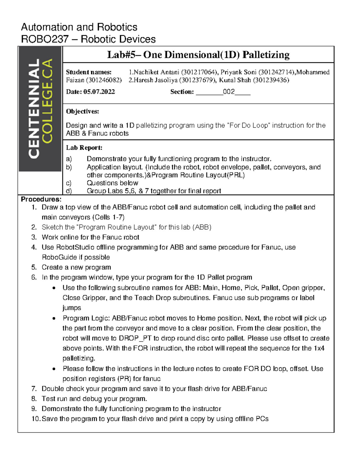 LAB5 Report ROBO237 1 Dpallet - Automation and Robotics ROBO237 ...