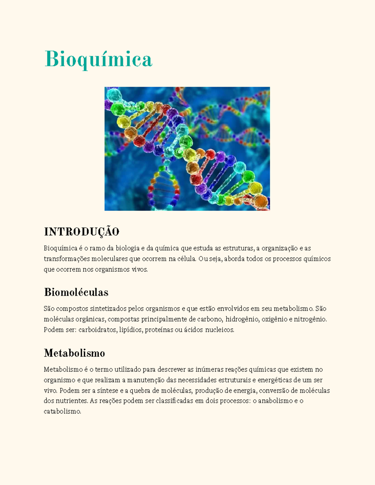 Bioquímica - Lecture notes 1 - Bioquímica INTRODUÇÃO Bioquímica é o ...