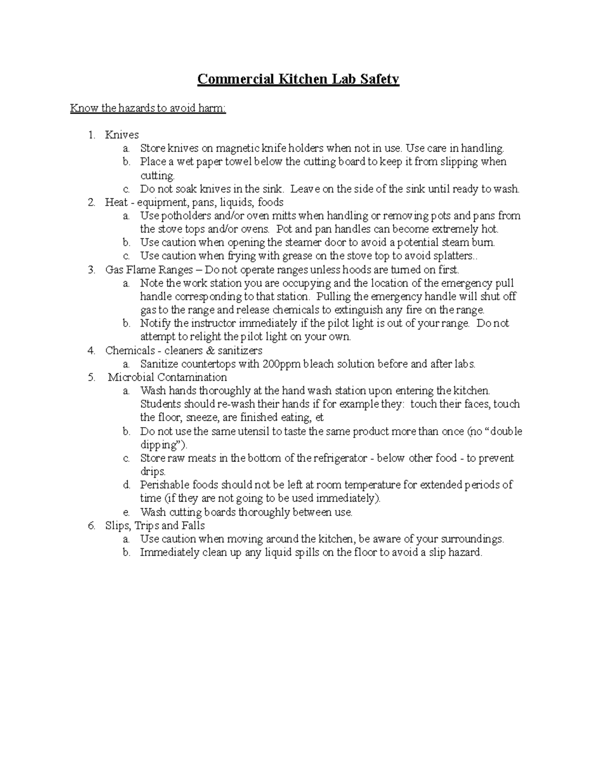 FSN 104 Food Safety Notes -1-3 - Commercial Kitchen Lab Safety Know the ...