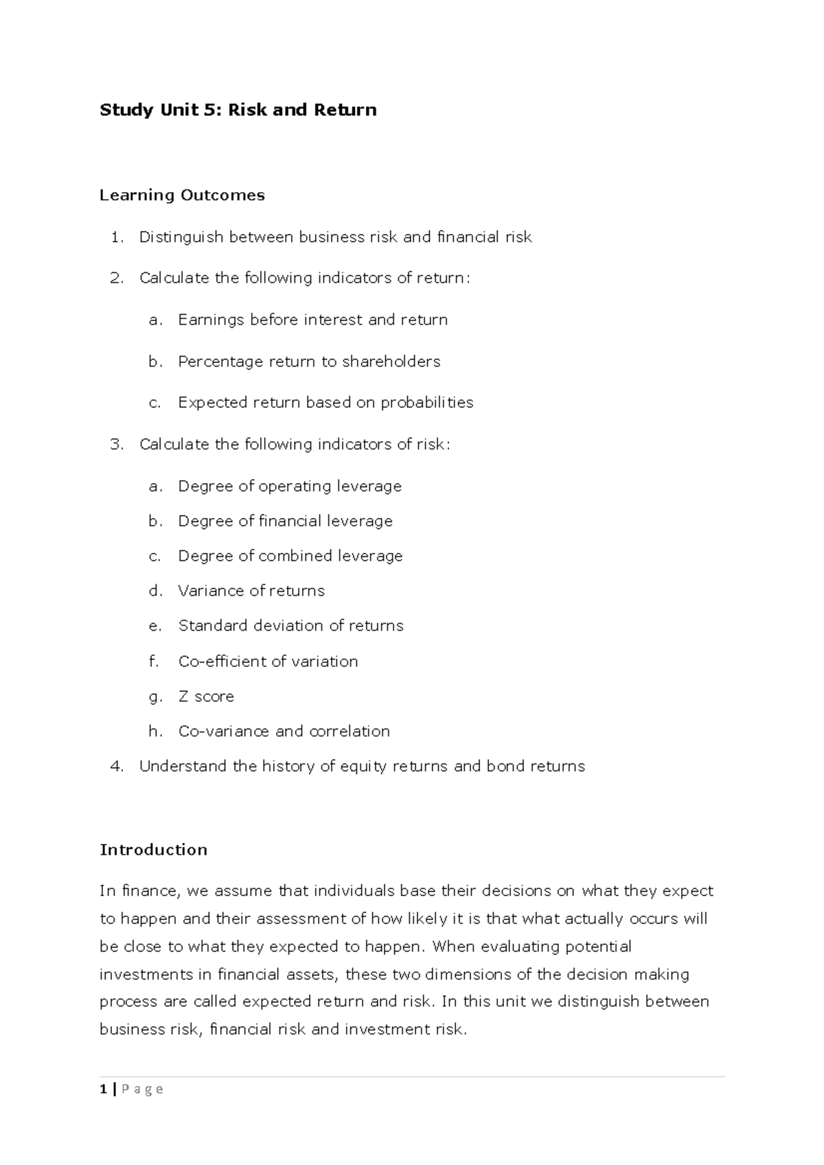 Unit 5: Risk and Return - Study Unit 5: Risk and Return Learning ...