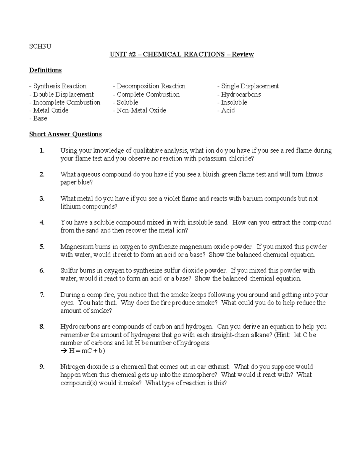 4 - review pages - SCH3U UNIT #2 – CHEMICAL REACTIONS – Review ...