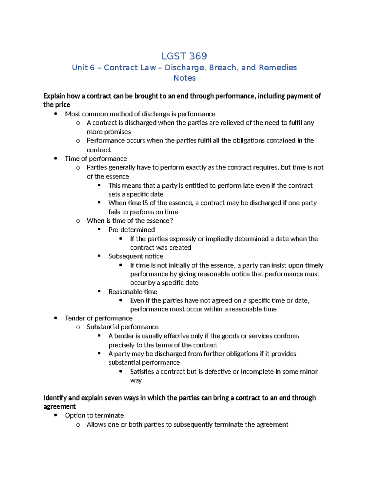 Unit 6 – Contract Law – Discharge, Breach, and Remedies - LGST 369 Unit ...