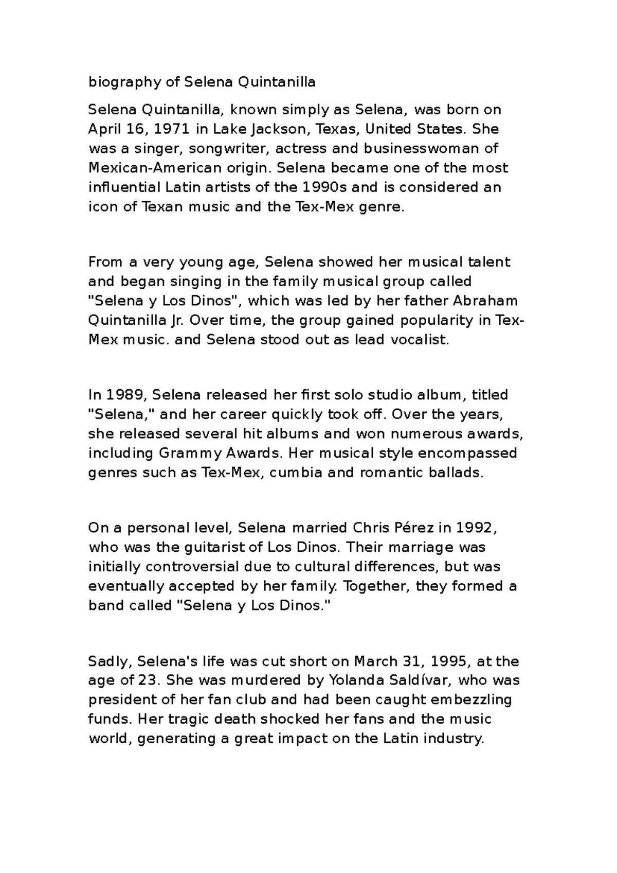 Biography of Selena Quintanilla - biography of Selena Quintanilla ...