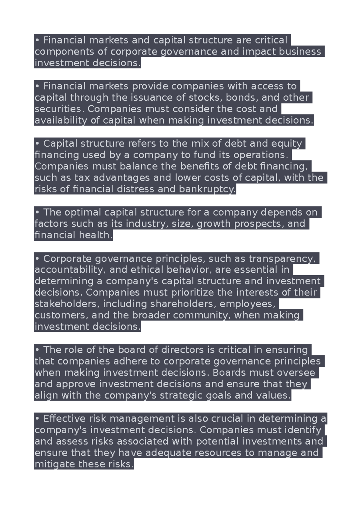 Financial Markets and Capital Structure Dot Point summary - Financial ...