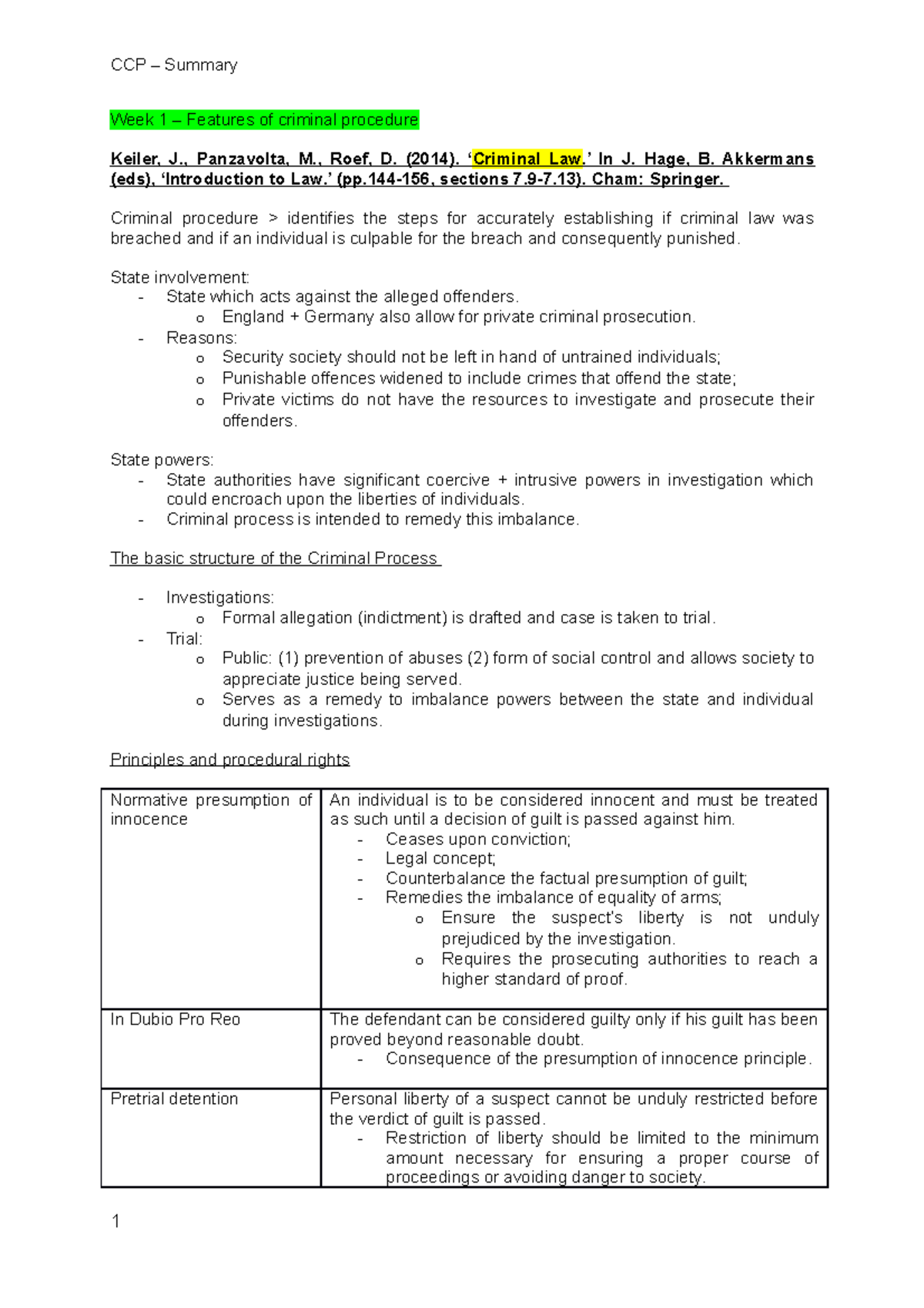 CCP - Summary - Week 1 – Features of criminal procedure Keiler, J ...