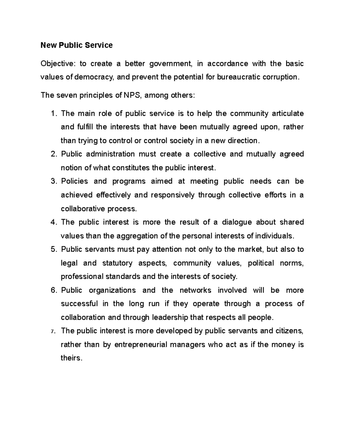 Summary of New Public Service - New Public Service Objective: to create ...