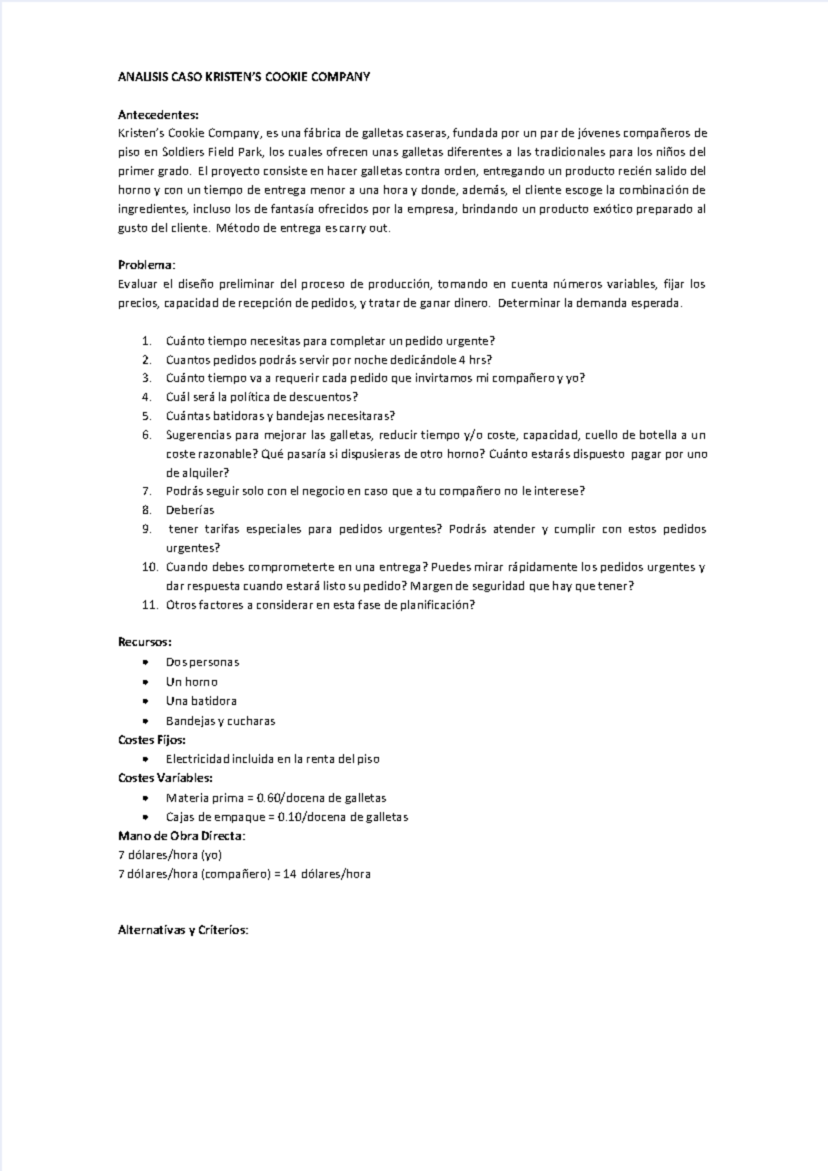 Dokumen - ejercicio - ANALISIS CASO KRISTEN’S COOKIE COMPANY ...