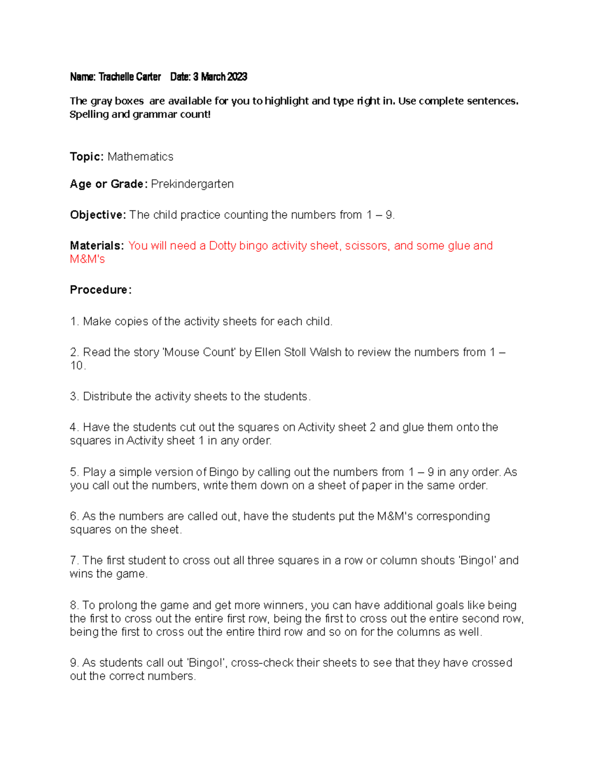 Mathematics Template-1 (1) - Name: Trachelle Carter Date: 3 March 2023 ...