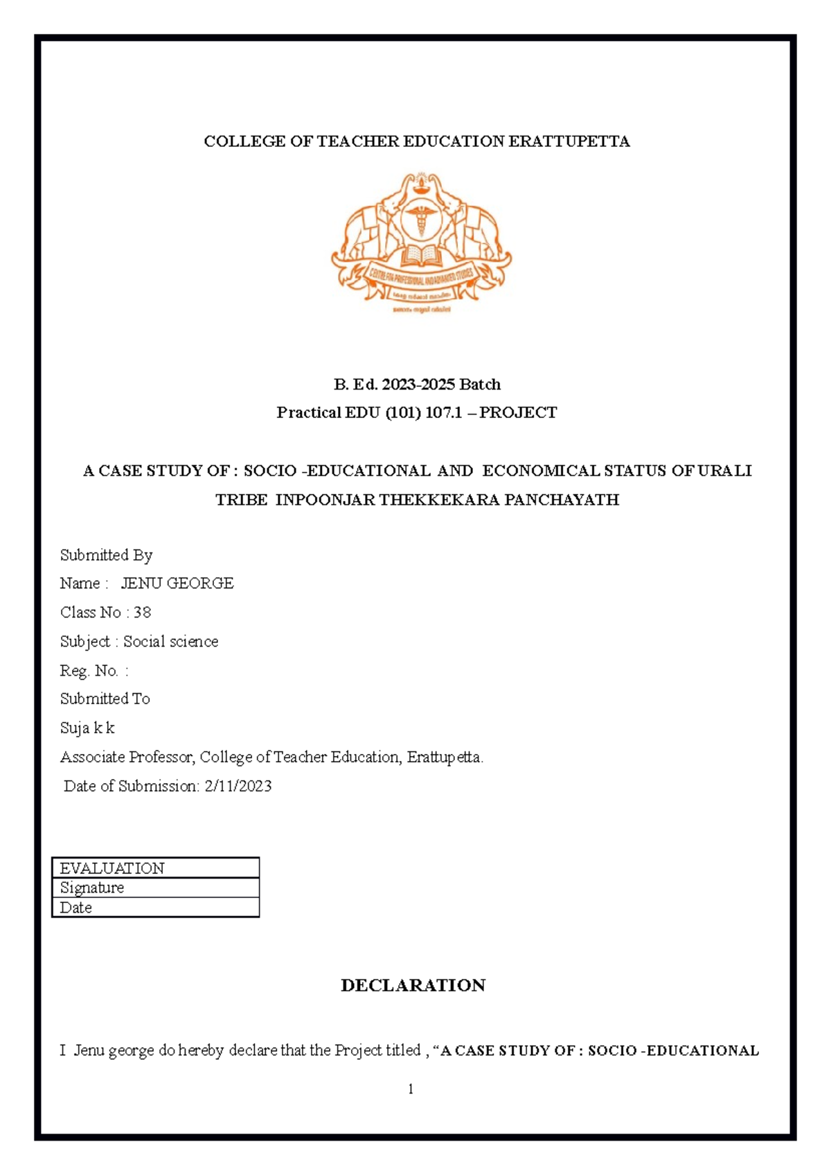 B.ED Projat - Project work - COLLEGE OF TEACHER EDUCATION ERATTUPETTA B ...
