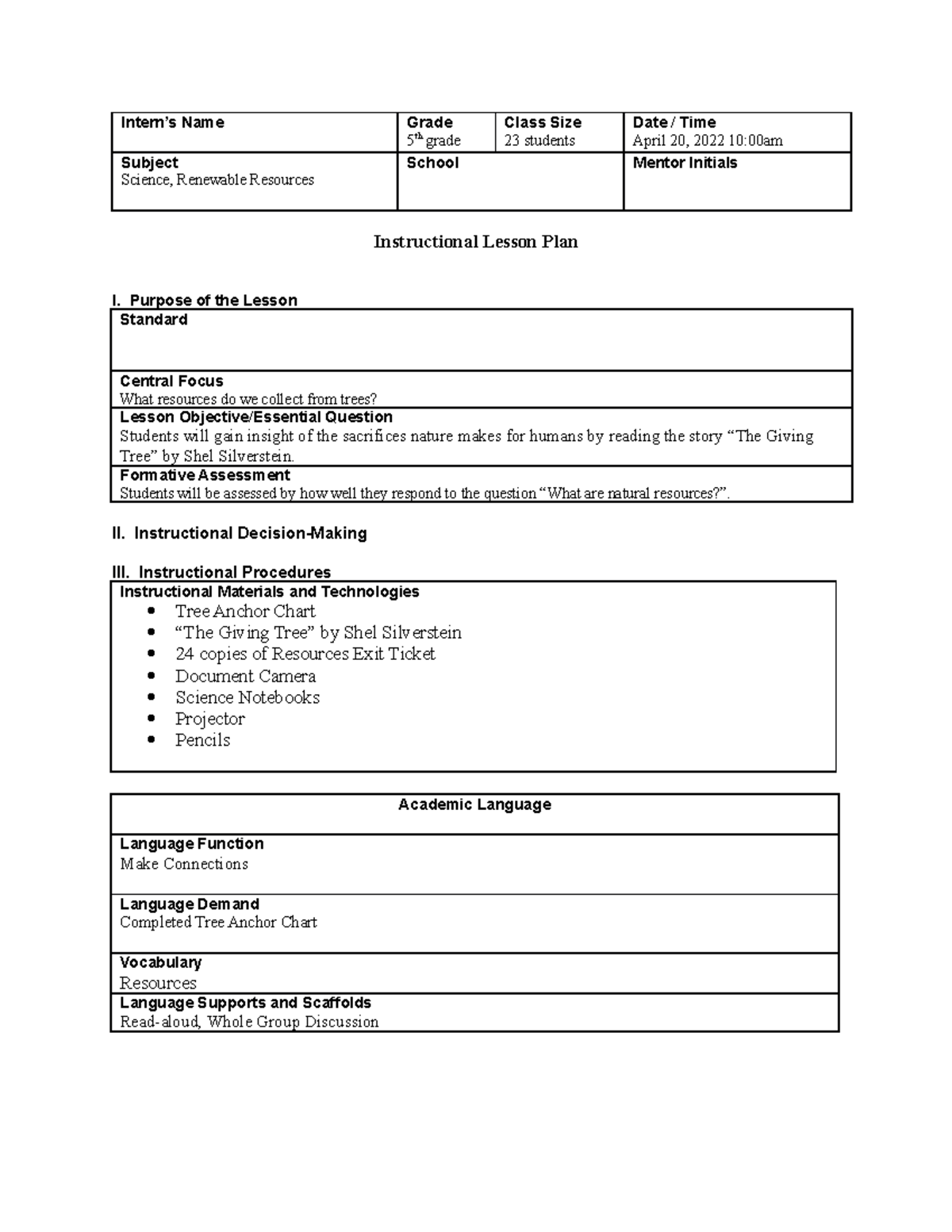 The Giving Tree Lesson Plan - Intern’s Name Grade 5 th grade Class Size ...