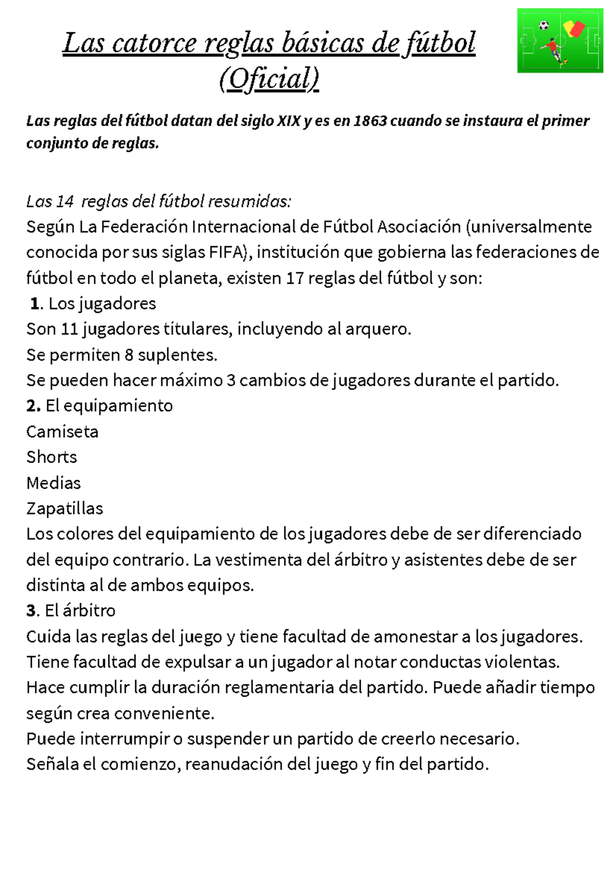 14 reglas basicas del futbol - Las 14 reglas del fútbol resumidas ...