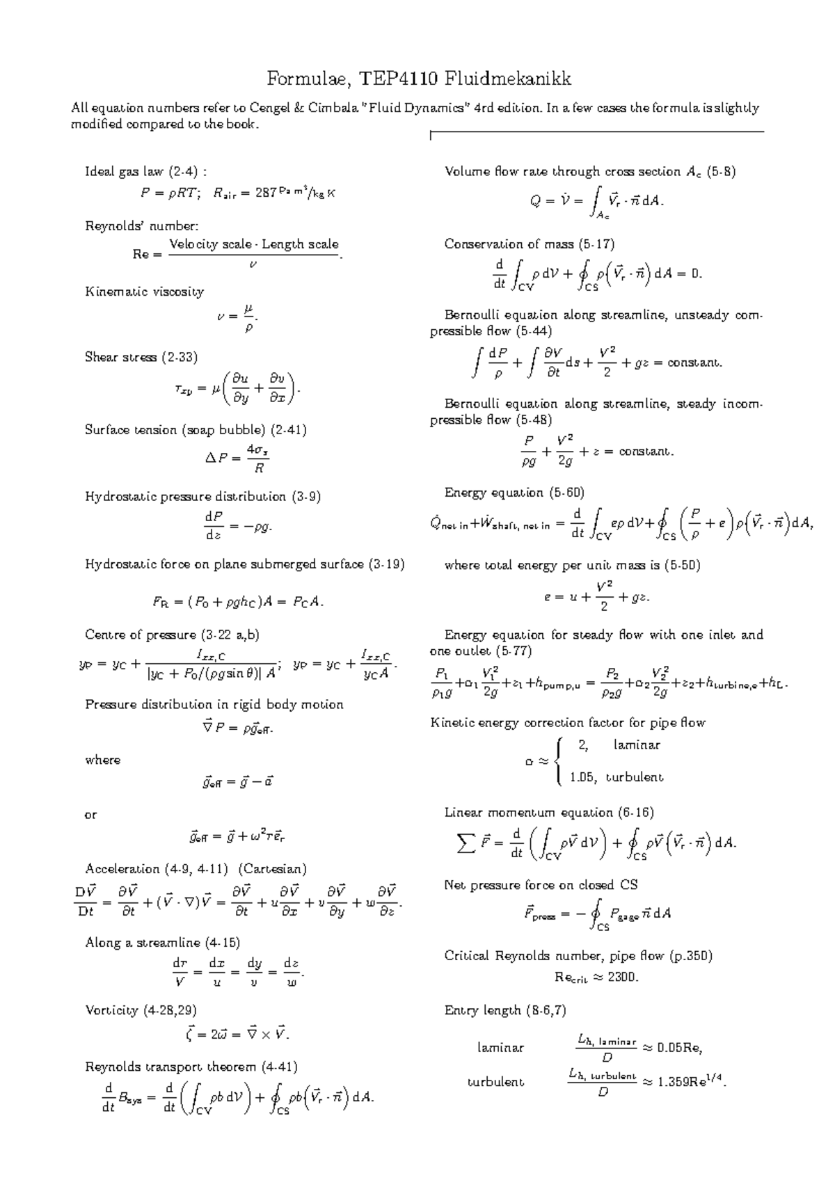 Formulae - Formelark TEP4100 - Formulae, TEP4 110 Fluidmekanikk All ...