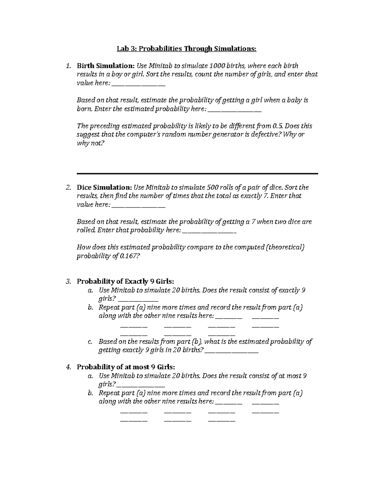 Lab 3 - minitab lab 3 - Lab 3: Probabilities Through Simulations: Birth ...