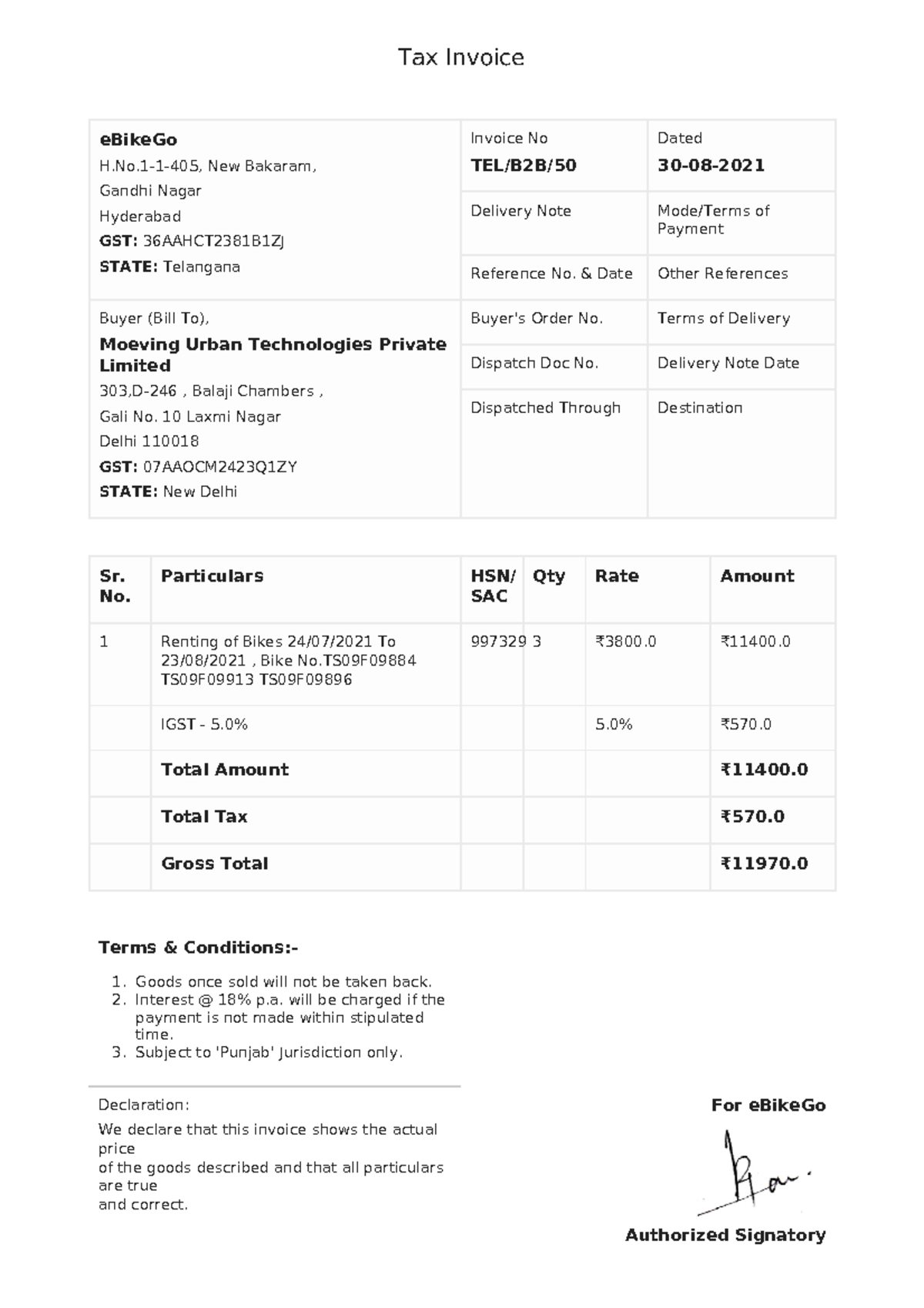 Invoice 3 Bikes Moeving 30-08-2021 - Tax Invoice eBikeGo H.No-1-405 ...