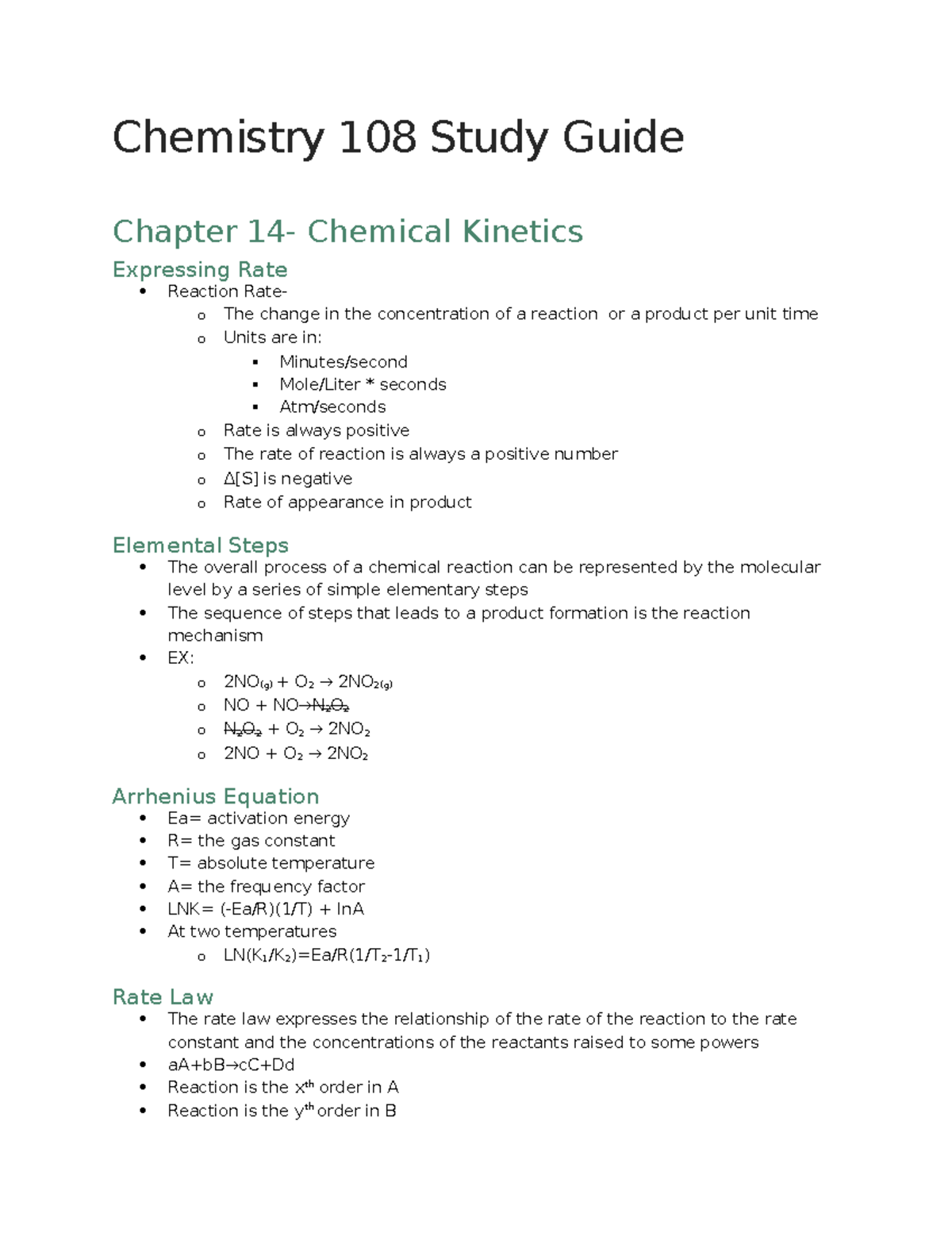 Chem 108 review - Chemistry 108 Study Guide Chapter Chemical Kinetics Expressing Rate Reaction ...