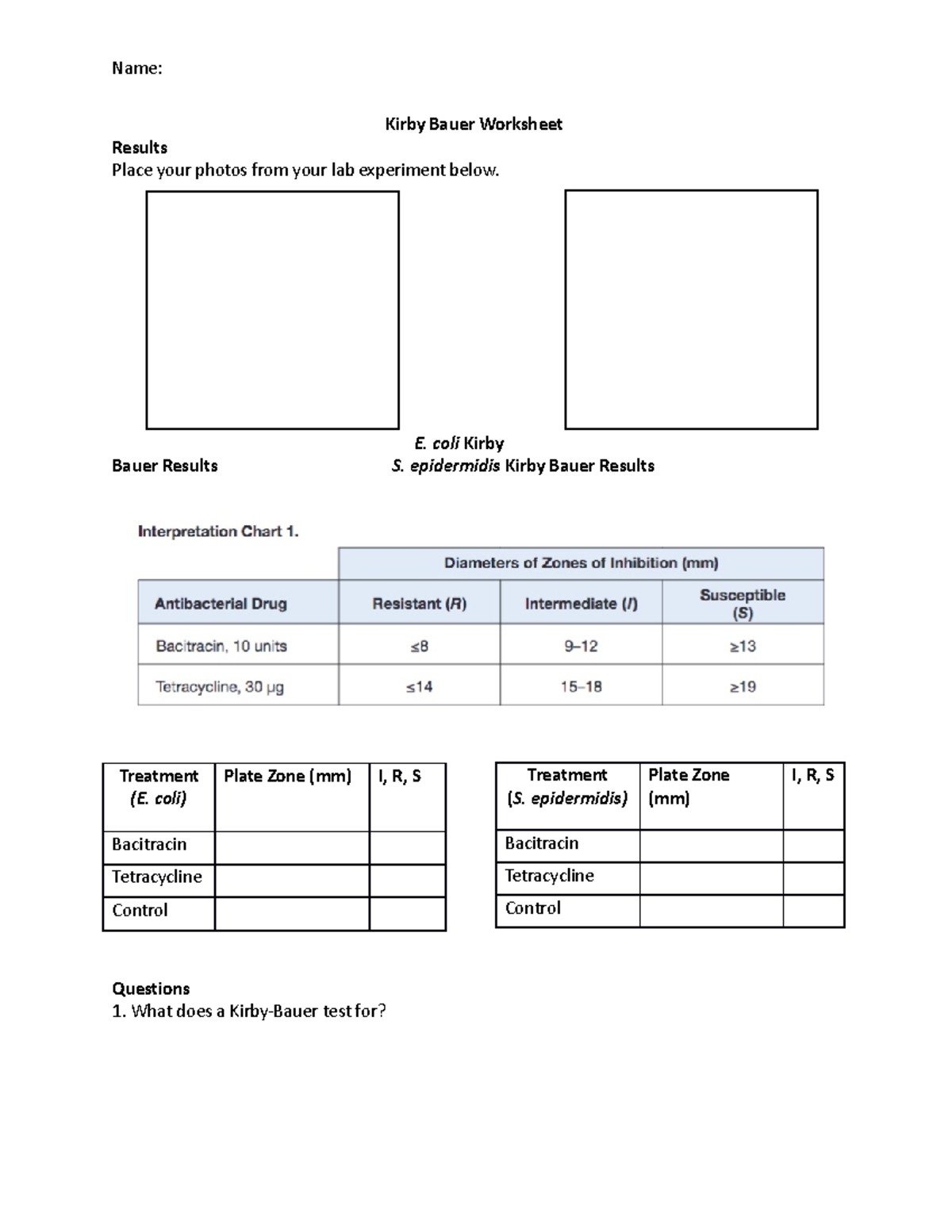 BIO 126 Kirby Bauer Worksheet - Name: Kirby Bauer Worksheet Results ...