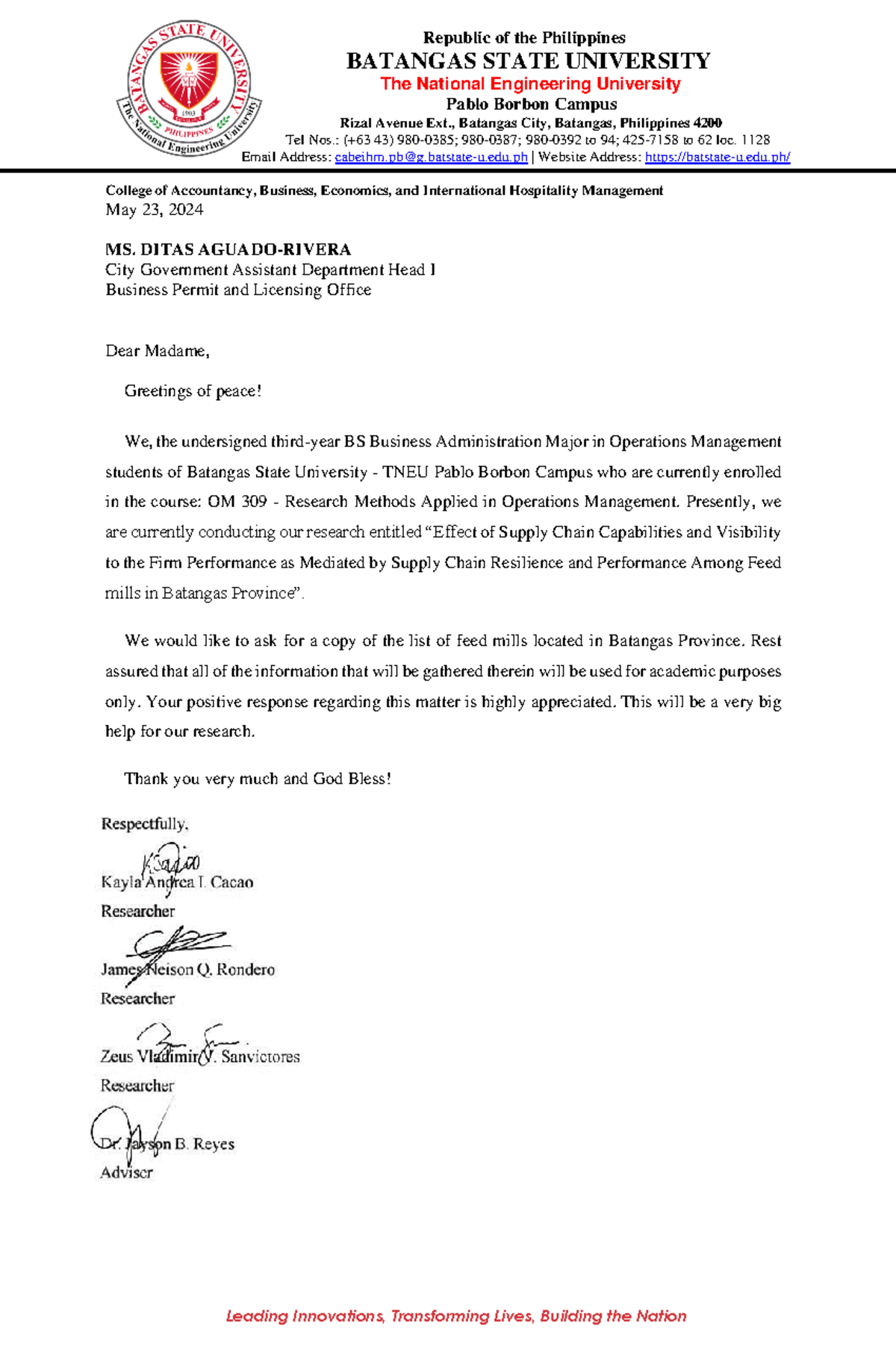 Letter 112114 - None - Republic of the Philippines BATANGAS STATE ...