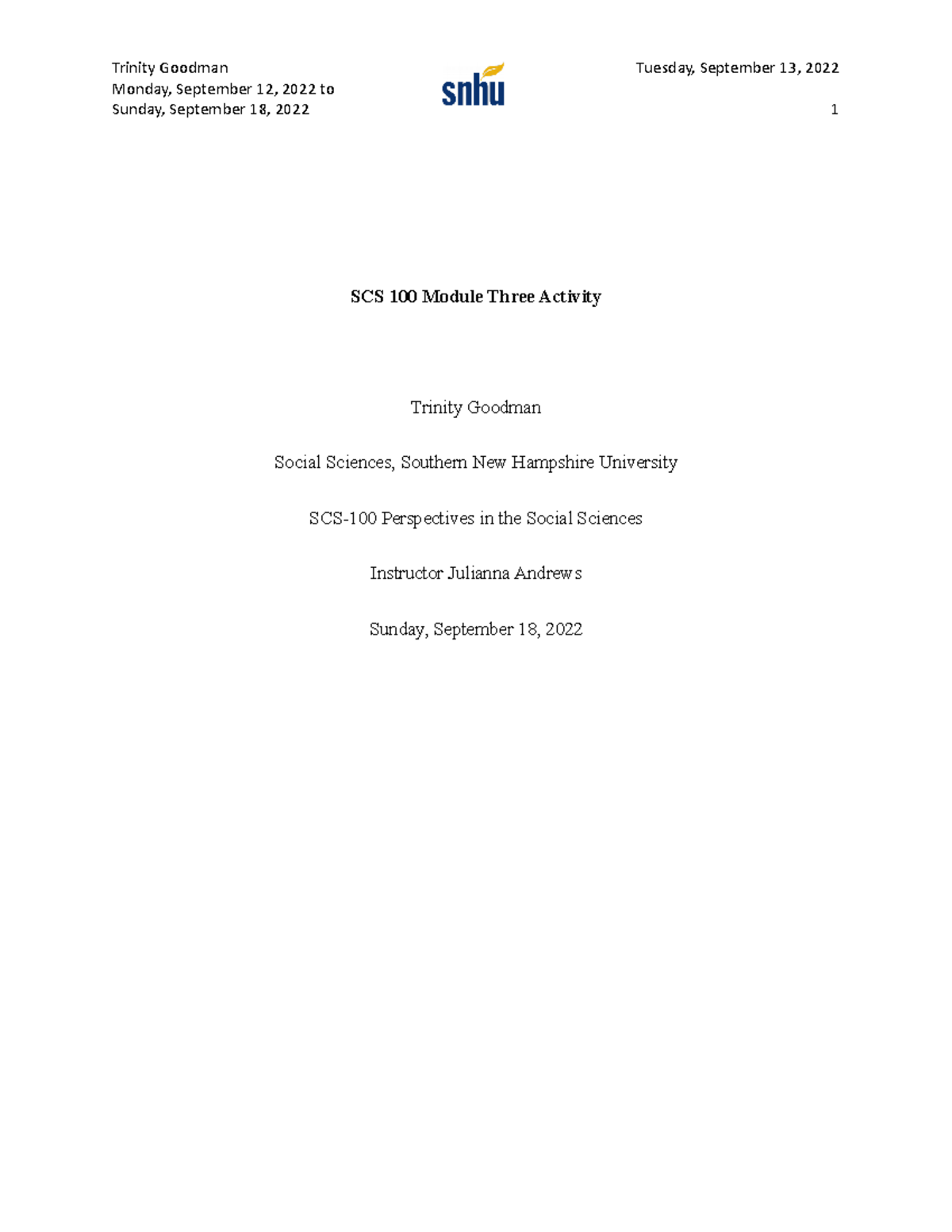 Goodman, Trinity SCS 100 Module Three Activity - Sunday, September 18 ...
