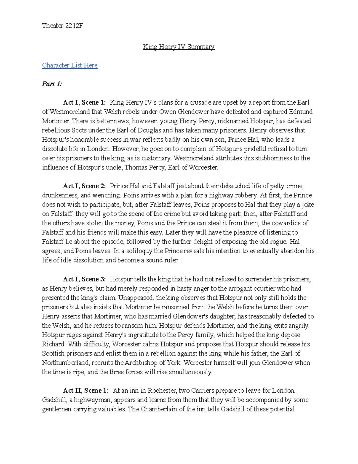 King Henry IV Summary Part 1 - King Henry IV Summary Character List Here Part 1: Act I, Scene 1 ...