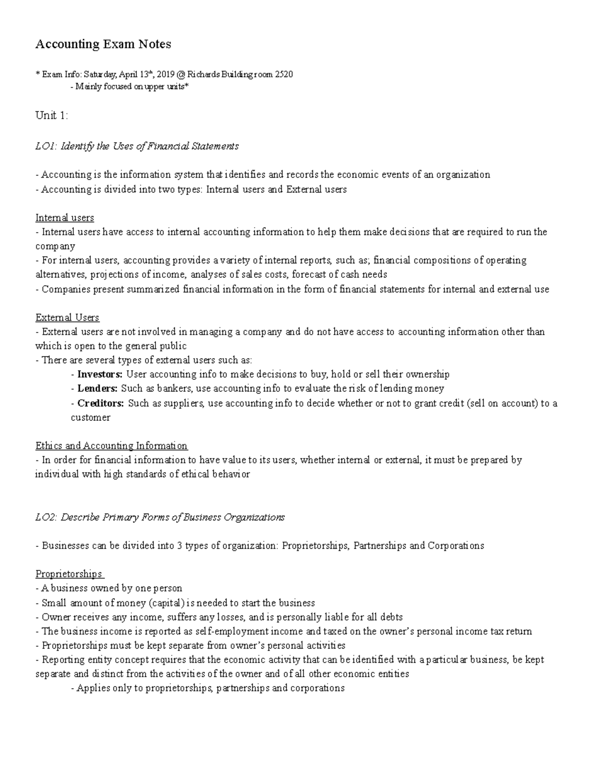 Accounting Chapter 1 notes - Accounting Exam Notes * Exam Info ...