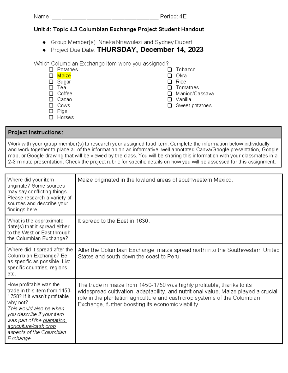 Copy of Unit 4 Columbian Exchange Project Student Handout-MLA format ...