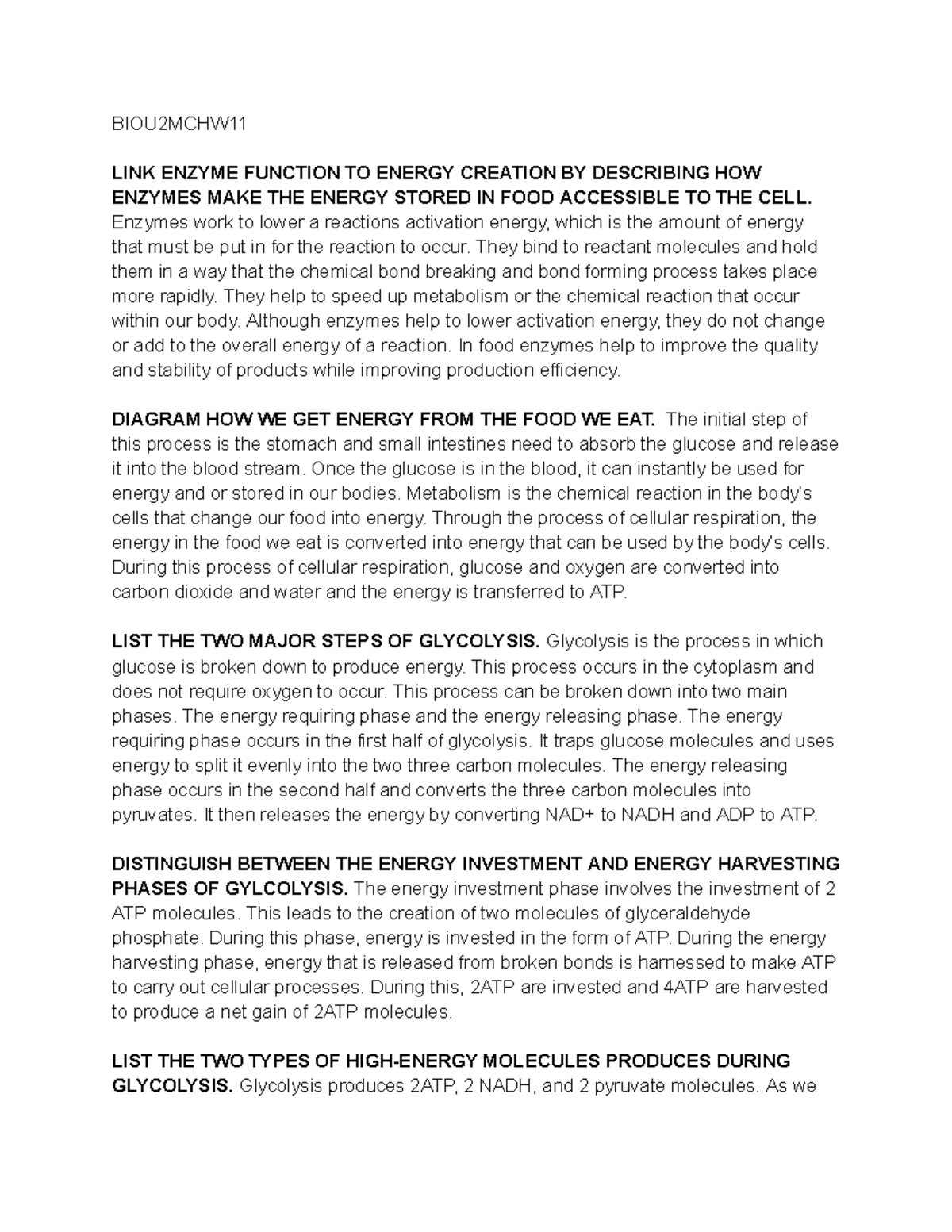 BIO102 Notes 9 - bio key terms - BIOU2MCHW LINK ENZYME FUNCTION TO ...