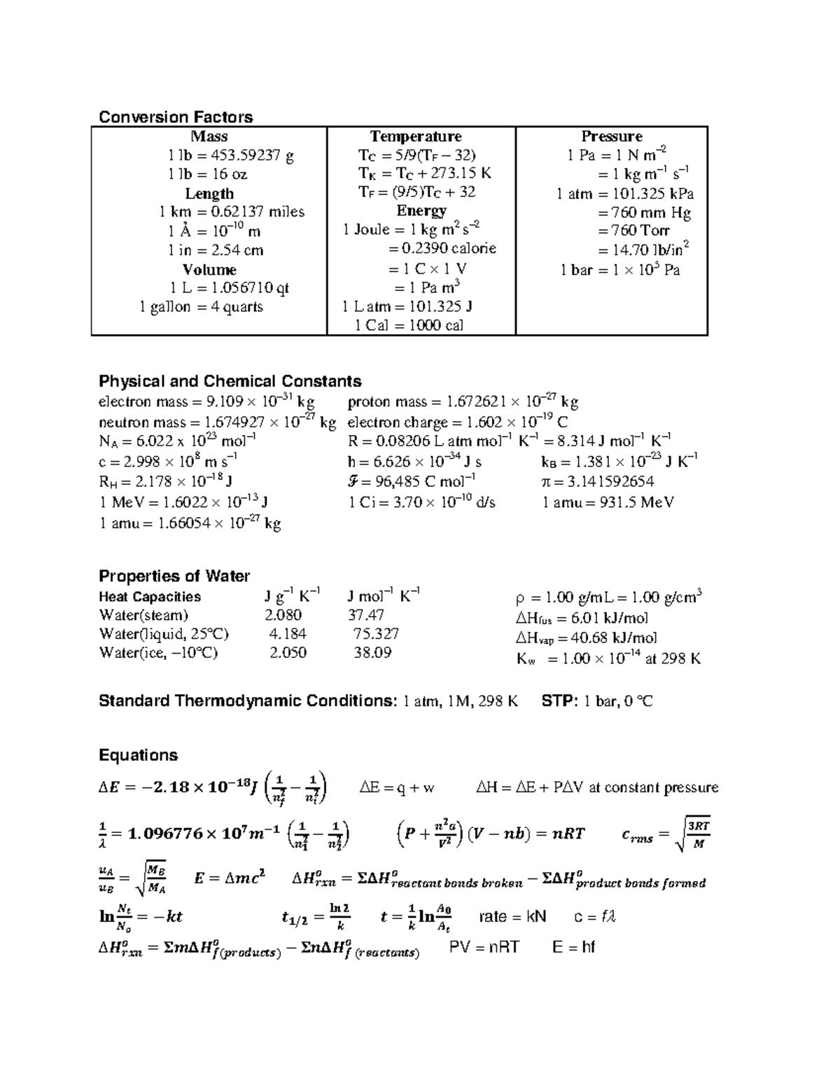 Equation Sheet Final Review - Conversion Factors Mass 1 lb = 453 g 1 lb ...