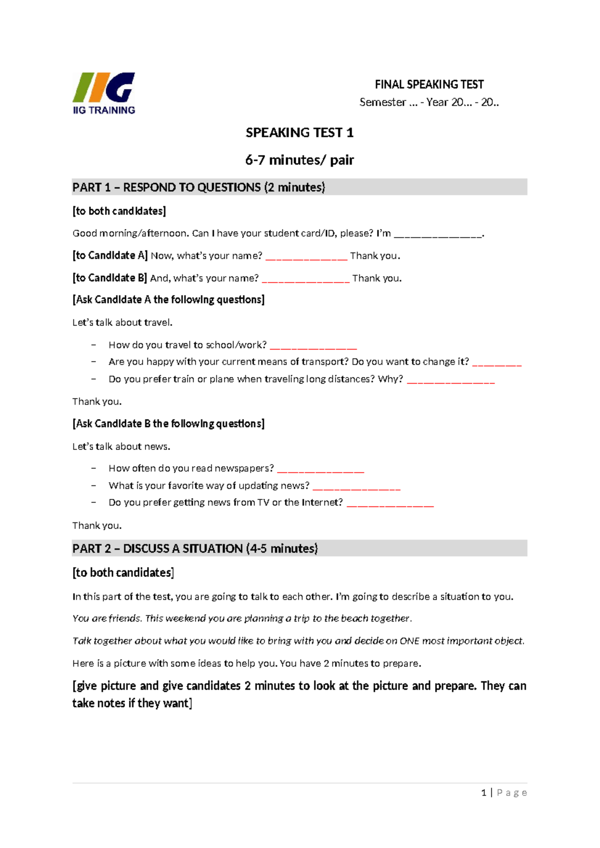 C1 Examiner 1 - FINAL SPEAKING TEST Semester ... - Year 20... - 20 ...