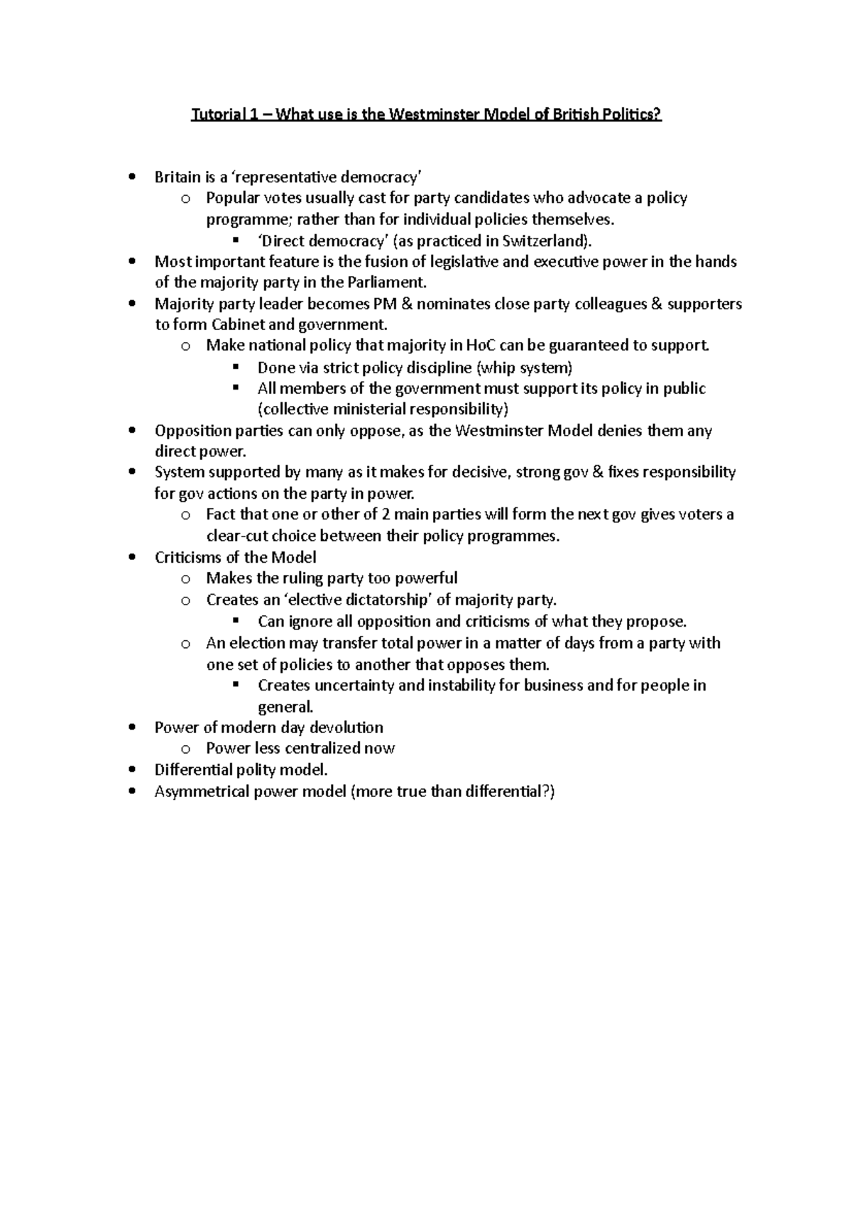 T1–What use is the Westminster Model of British Politics - Tutorial 1 ...