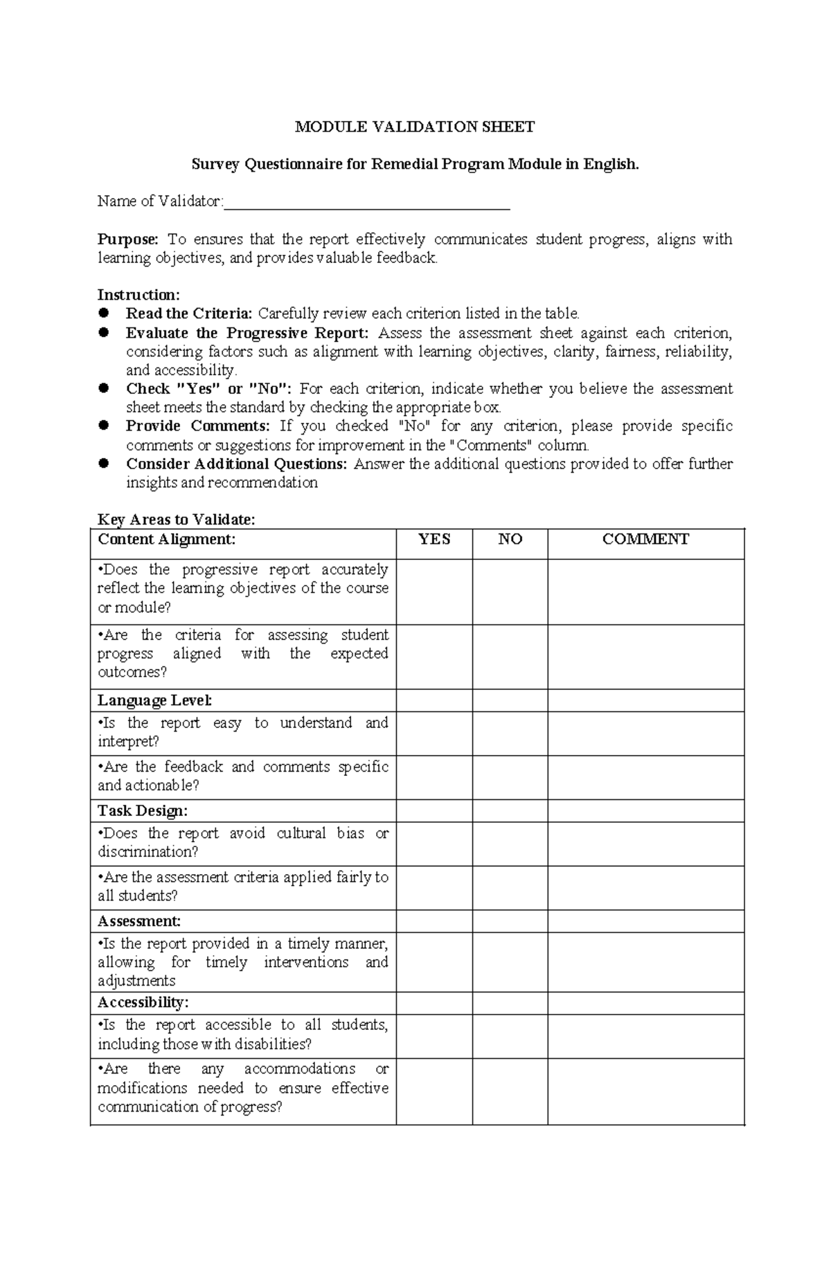 Prog Rep Validation Sheet Module Validation Sheet Survey Questionnaire For Remedial Program