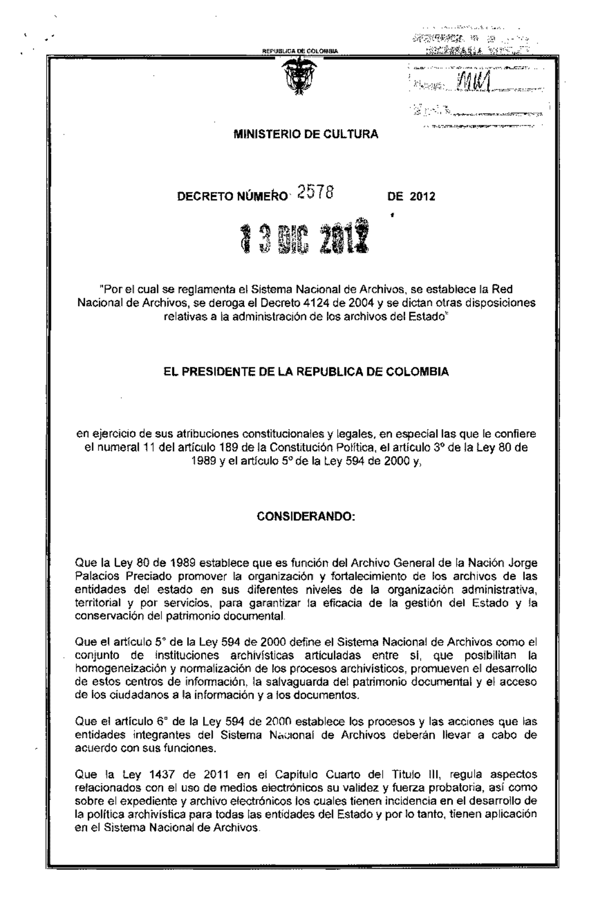 Decreto 2578 DEL 13 DE Diciembre DE 2012 (1) - REPUBLICA DE COLOMBIA ...