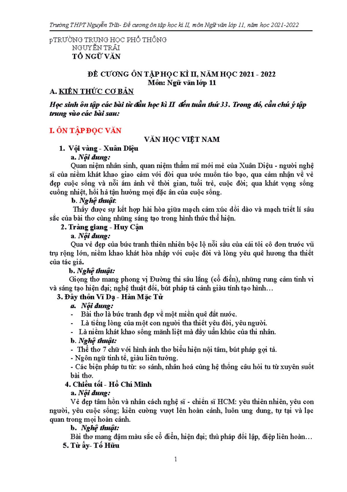 ĐỀ CƯƠNG MÔN VĂN 11 HKII - NH 2021-2022 - pTRƯỜNG TRUNG HỌC PHỔ THÔNG NGUYỄN TRÃI TỔ NGỮ VĂN ĐỀ ...