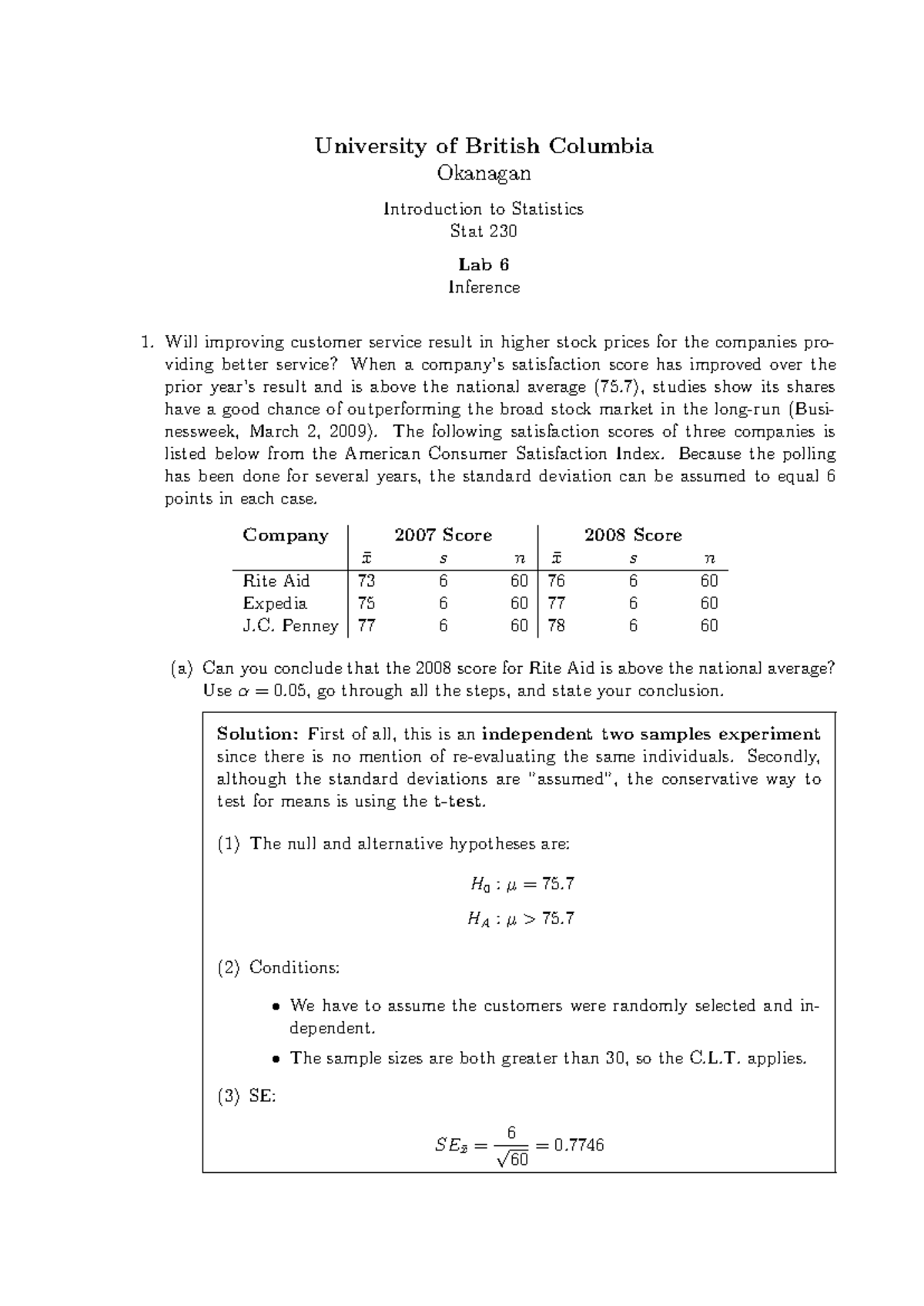 Stat230 lab 6 exercises solns - University of British Columbia Okanagan ...