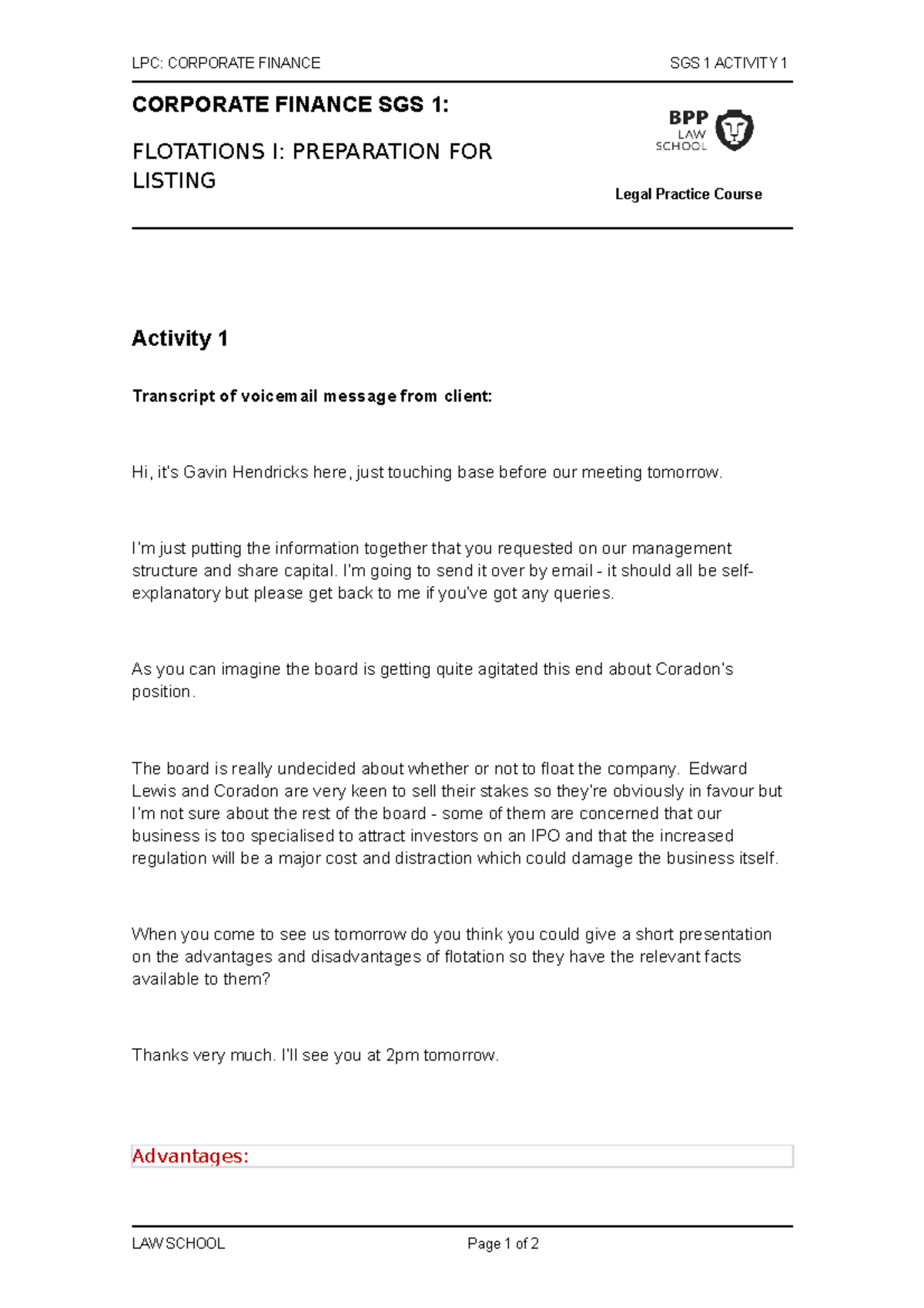 CF SGS 1 Activity 1 Solution - LPC: CORPORATE FINANCE SGS 1 ACTIVITY 1 ...