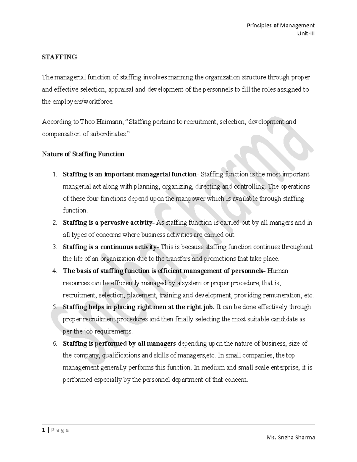 Notes Unit-III - Unit-III STAFFING The managerial function of staffing ...