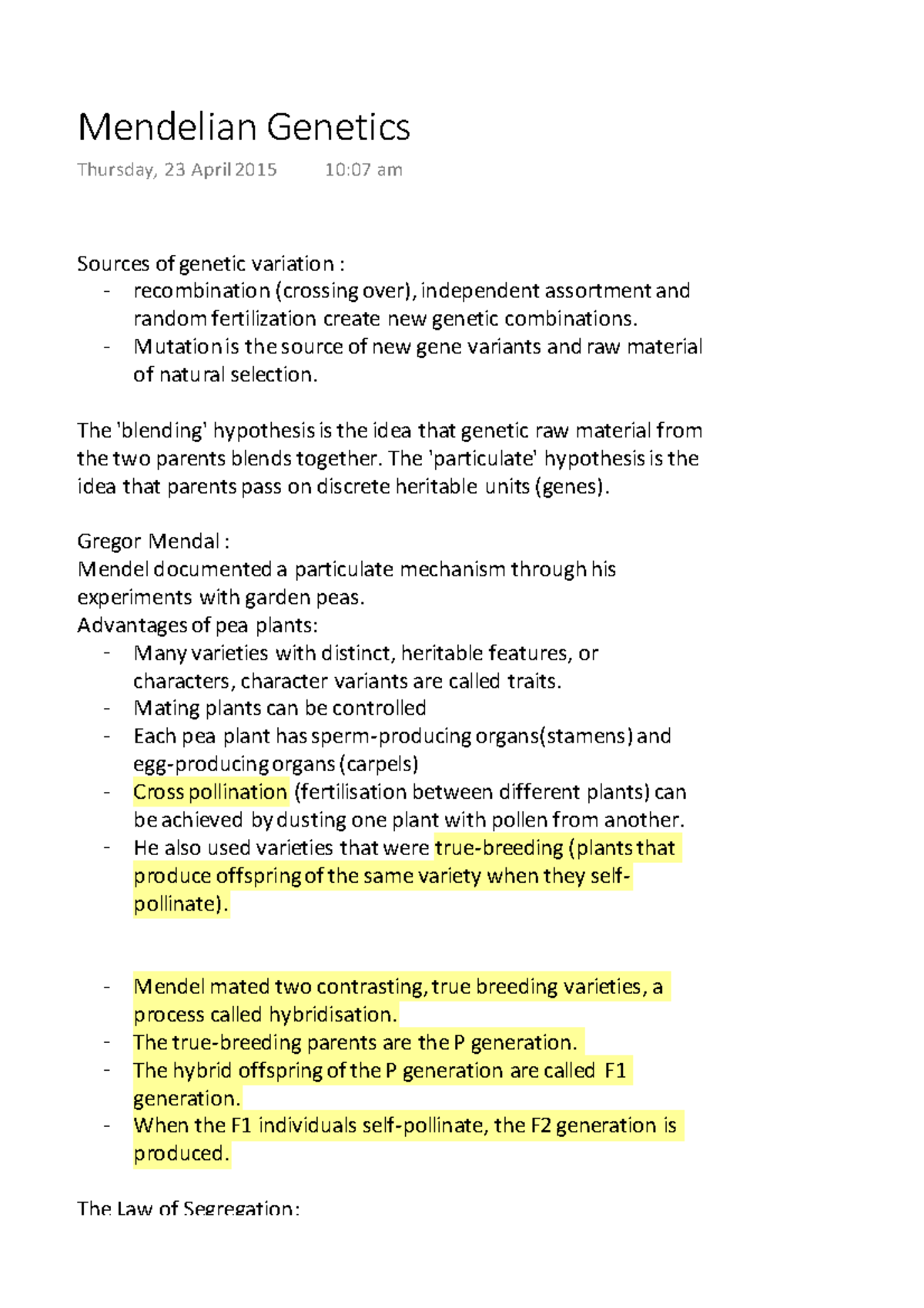 Lecture Notes, Lecture 7, Mendelian Genetics - recombination (crossing ...