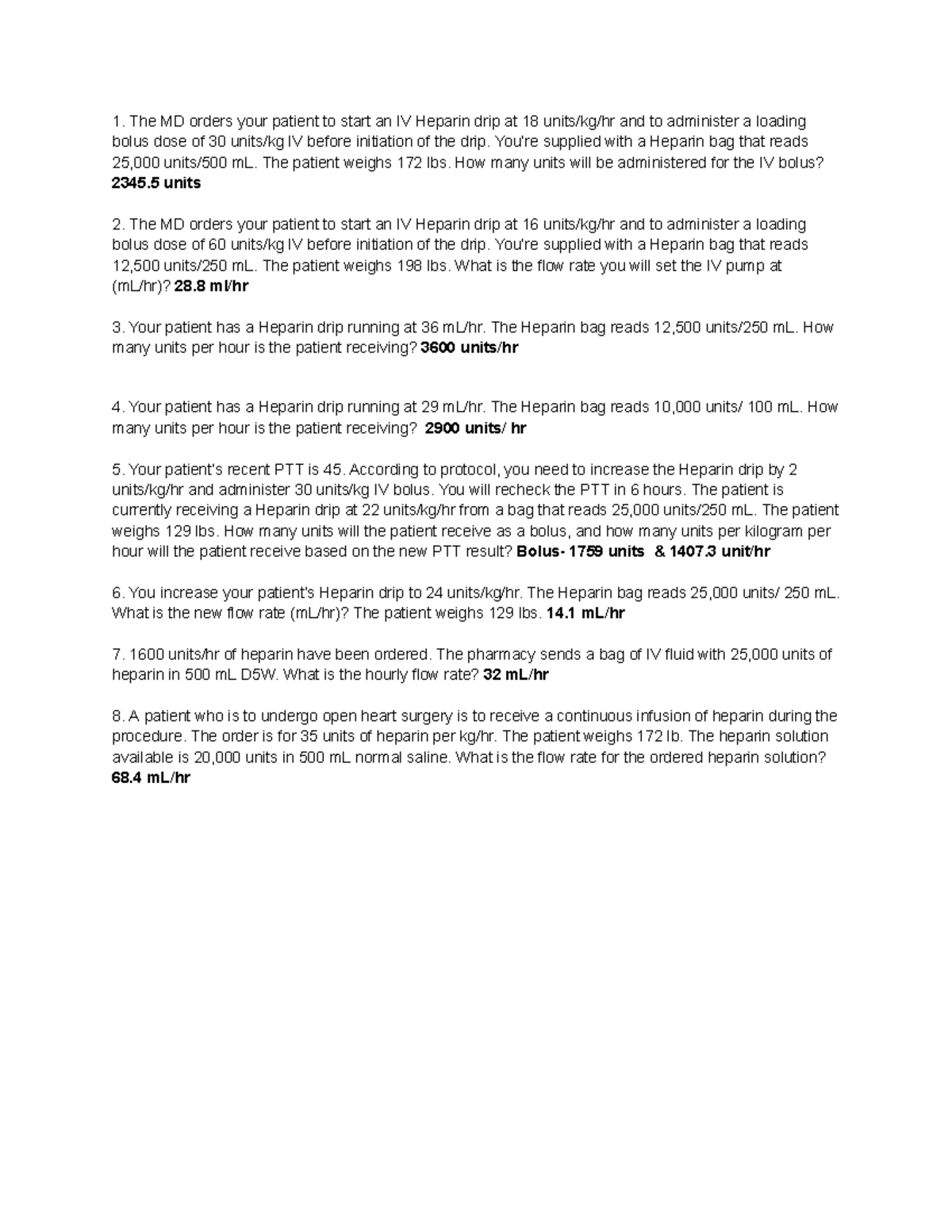 Answer Key Heparin Drip Calculation Practice Problems - 1. The MD ...