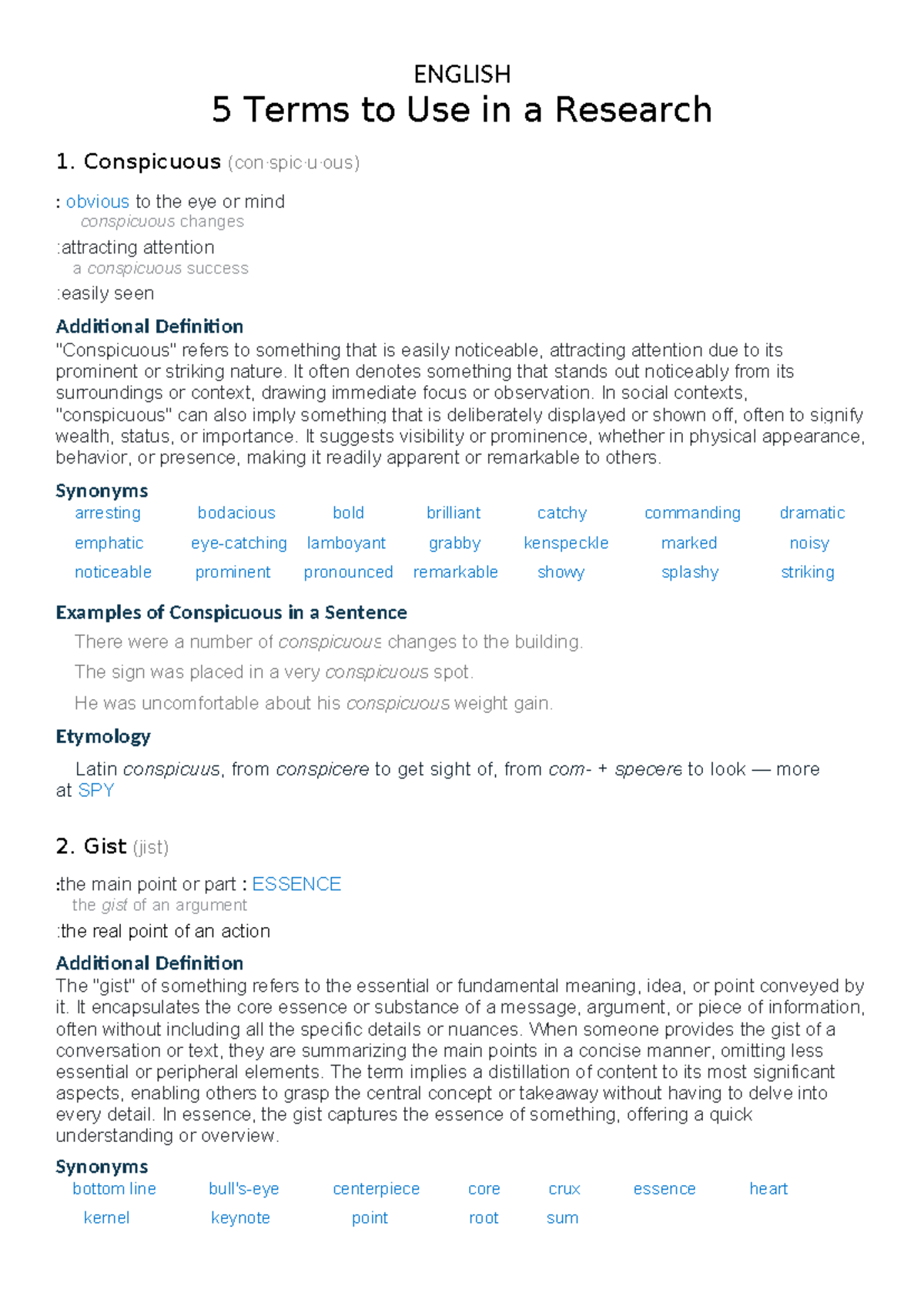English - ENGLISH 5 Terms to Use in a Research 1. Conspicuous (con·spic ...