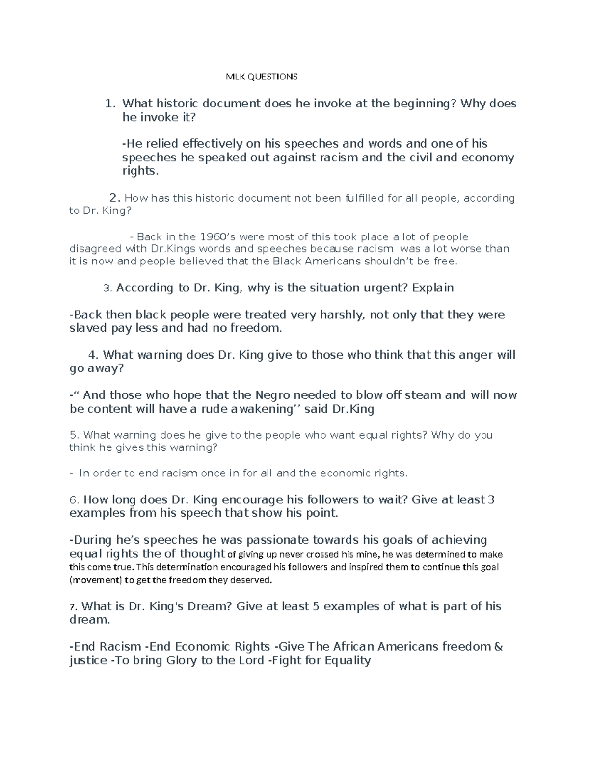 MLK Questions - work - MLK QUESTIONS 1. What historic document does he ...