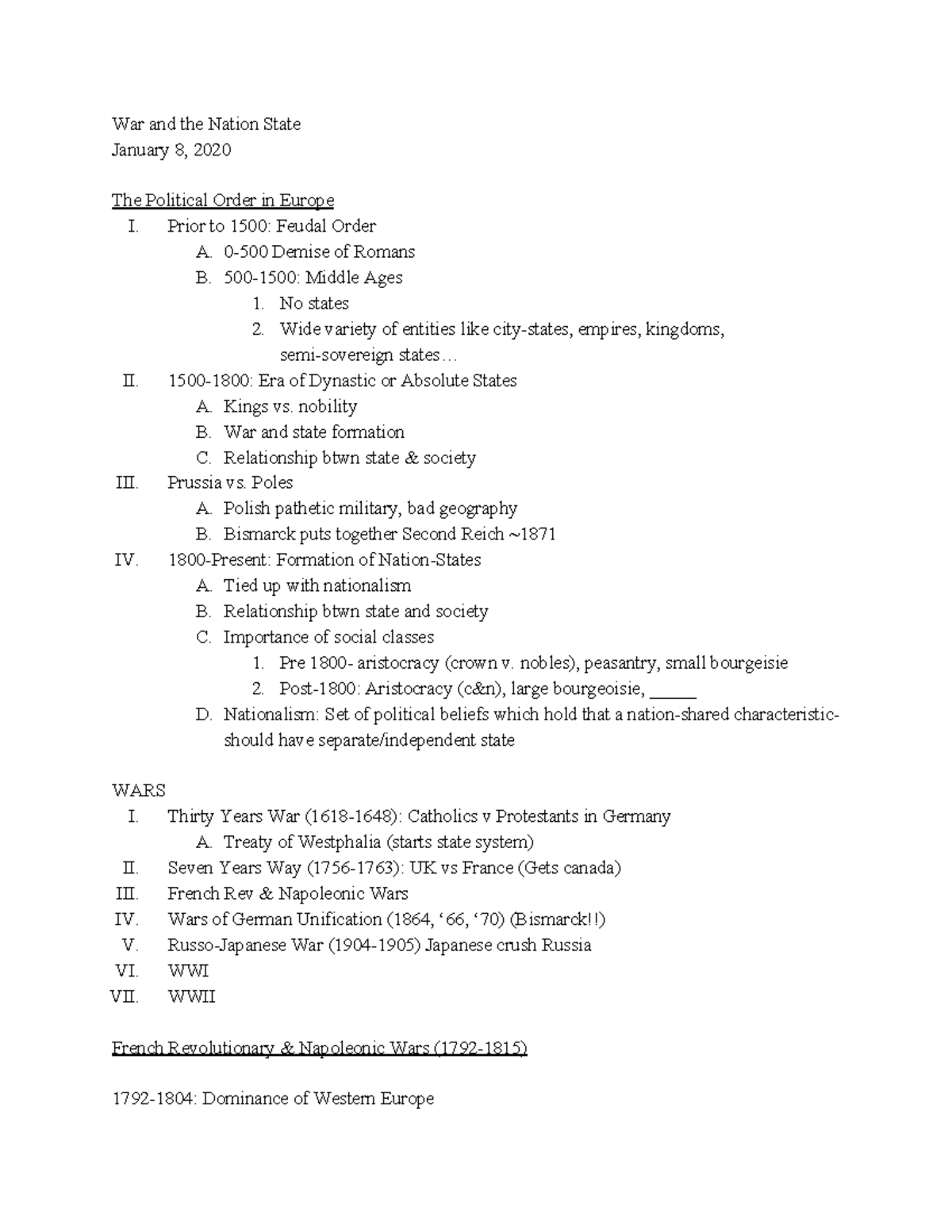 War and the Nation State- NB class notes - War and the Nation State ...