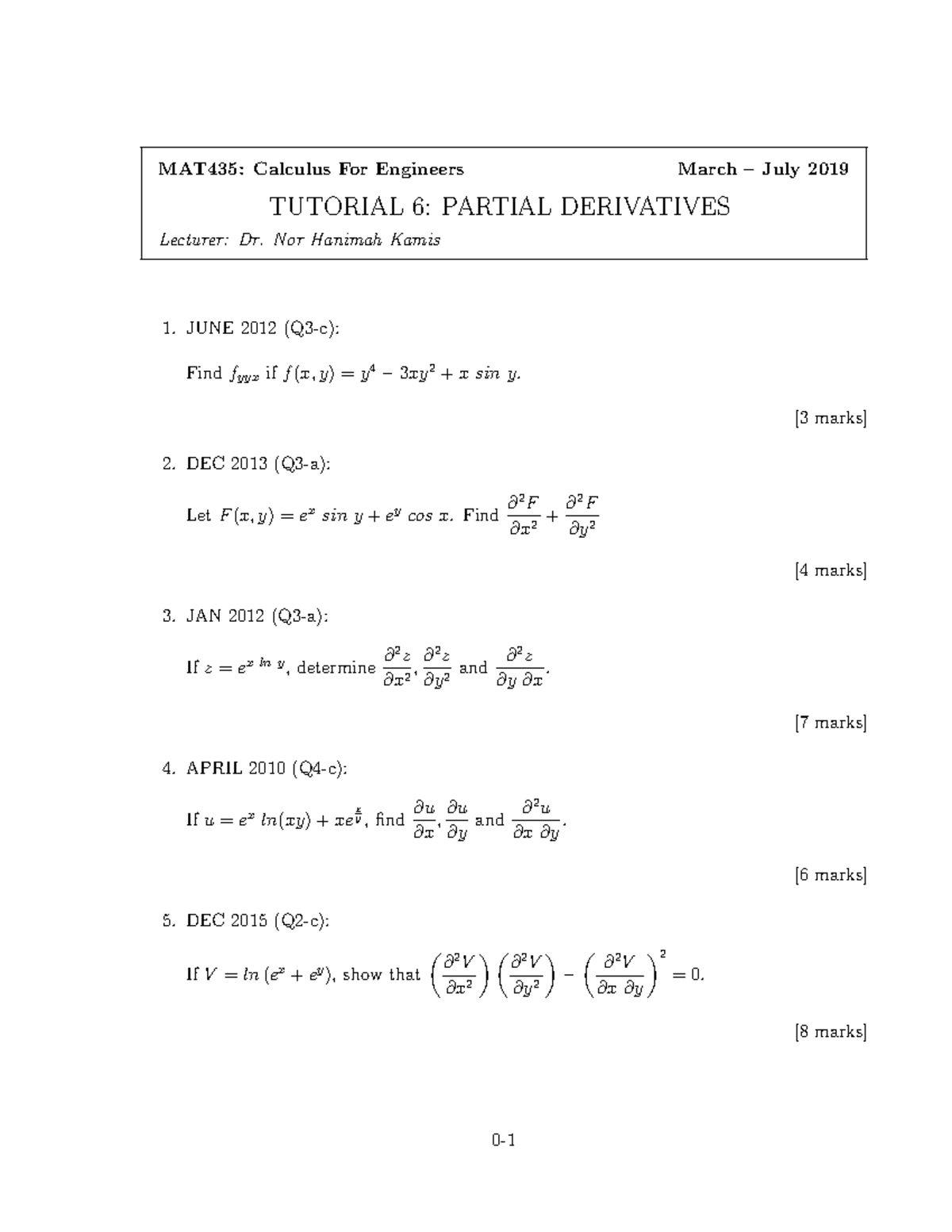 MAT43 5 tutorial 6 - enbshghg - MAT435: Calculus For Engineers March – July 2019 TUTORIAL 6 ...