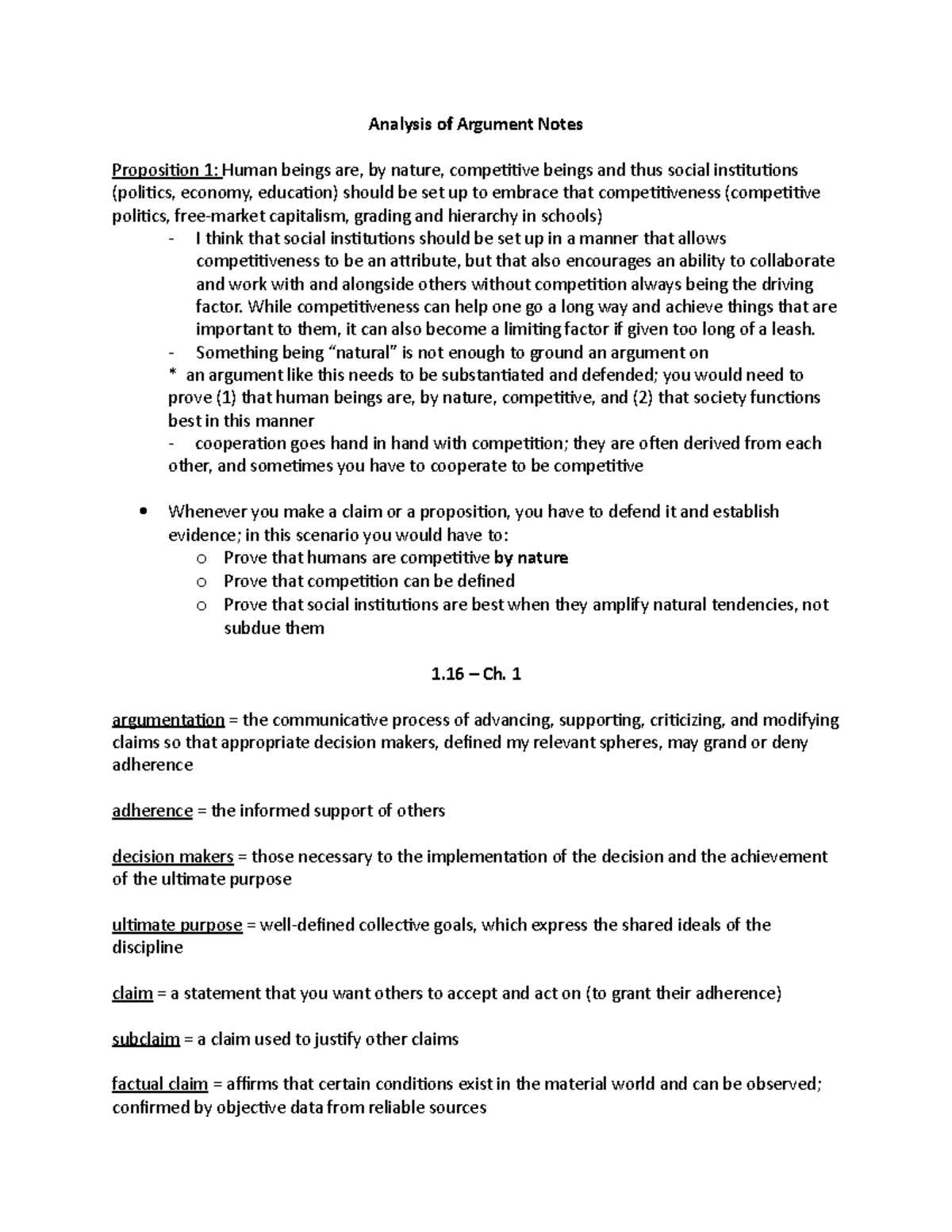 Analysis of Argument Notes - Analysis of Argument Notes Proposition 1 ...