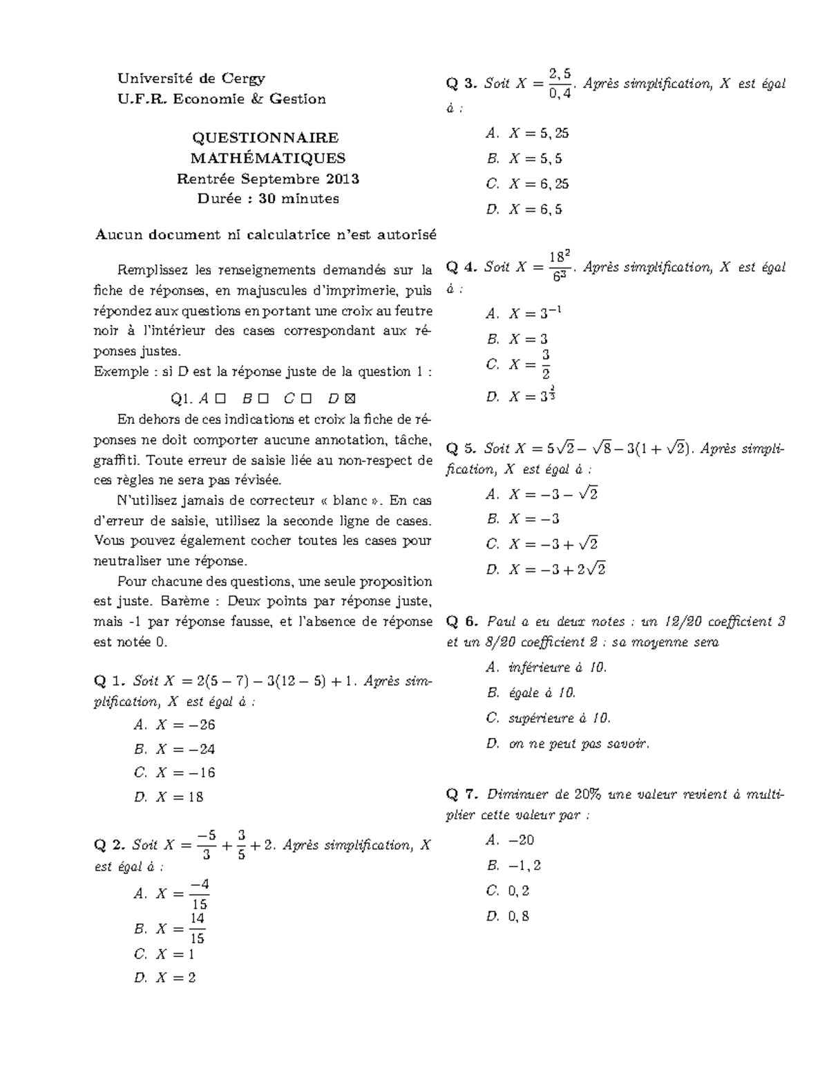 QCM rentree 2013 - Université de Cergy U.F. Economie & Gestion QUESTIONNAIRE MATHÉMATIQUES - Studocu