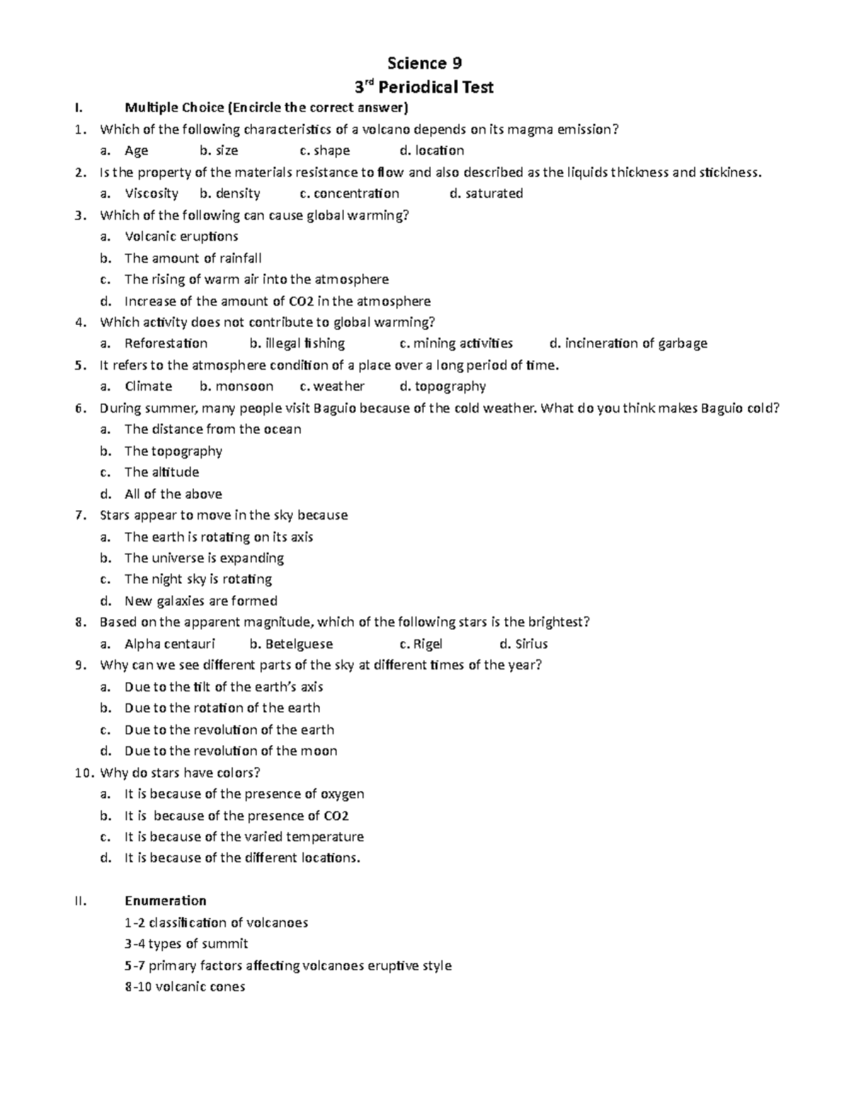 Periodical test - vocano - Science 9 3 rd Periodical Test I. Multiple ...