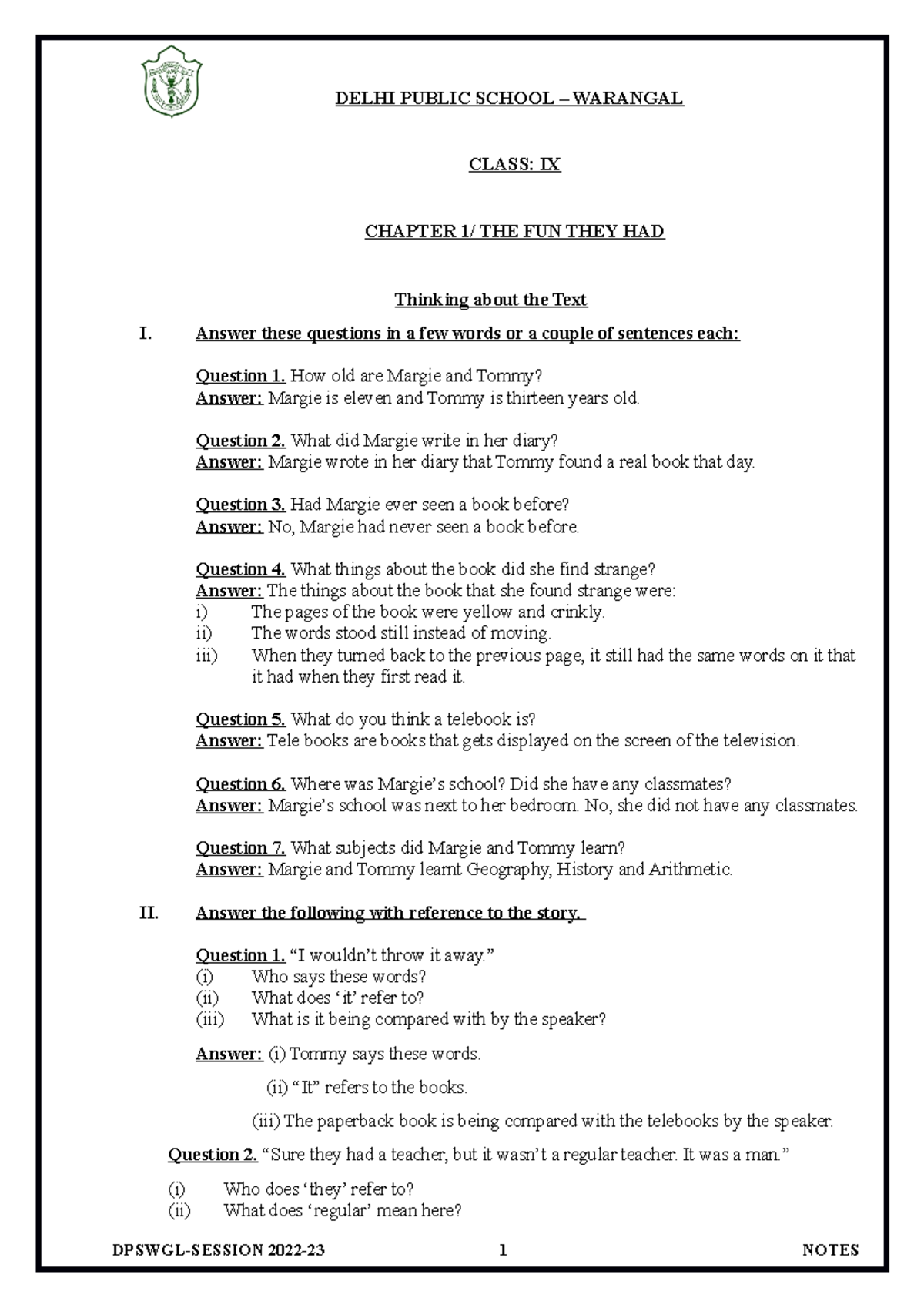 Class IX - THE FUN THEY HAD ( Notes) - DELHI PUBLIC SCHOOL – WARANGAL ...