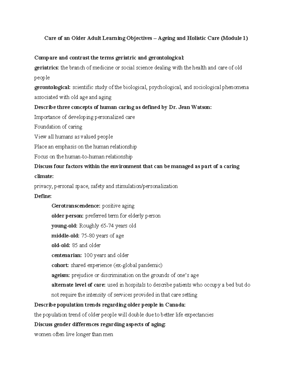 Module 1 learning objectives - Care of an Older Adult Learning ...